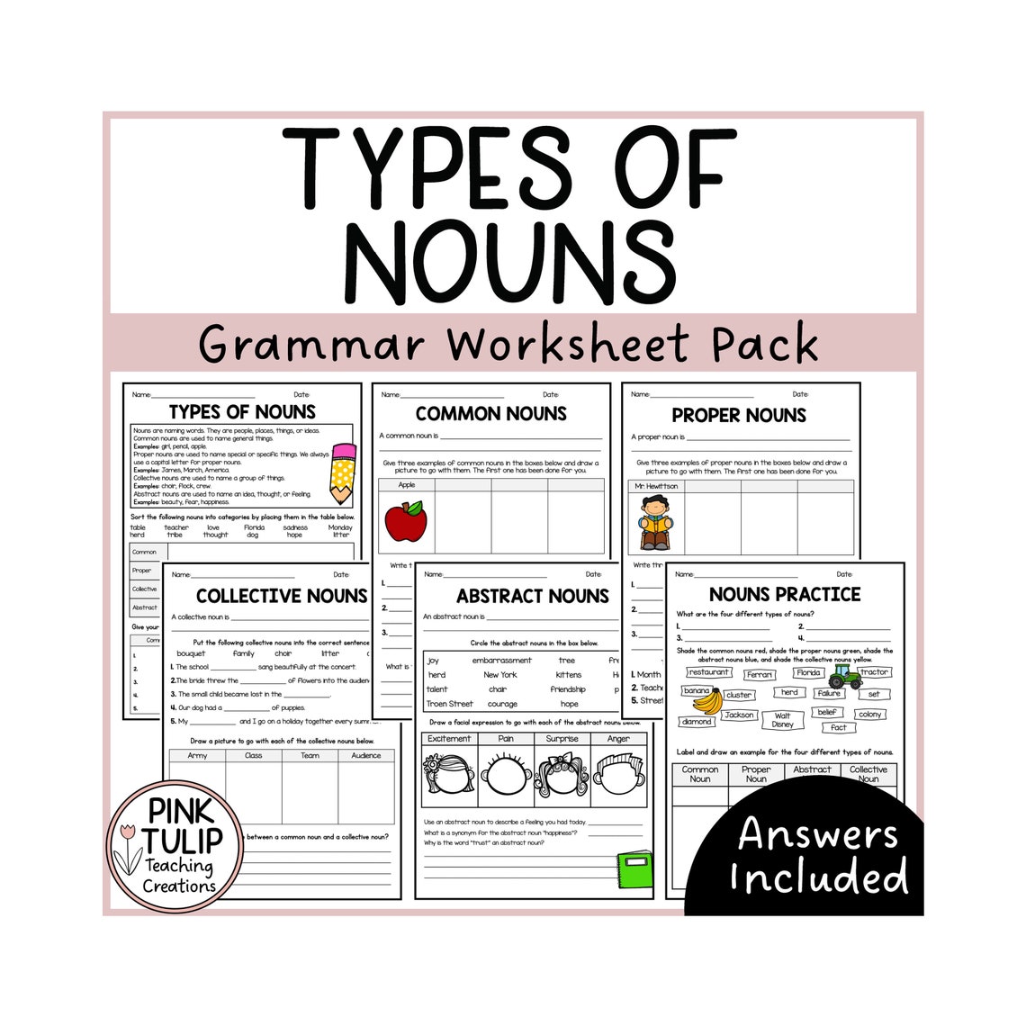 Nouns Worksheet Pack - Common, Proper, Abstract, Collective, and ...