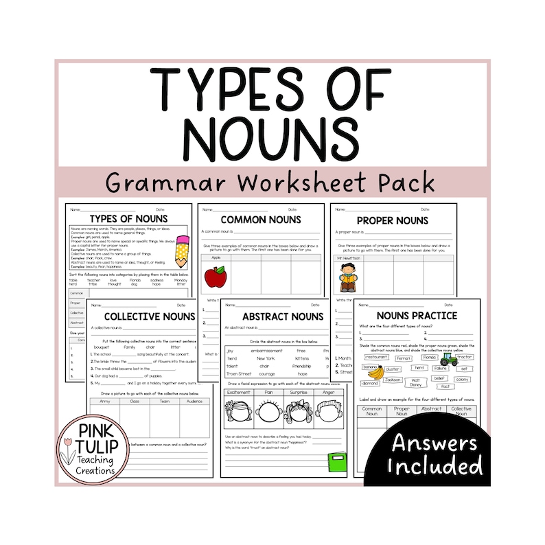 Nouns Worksheet Pack - Common, Proper, Abstract, Collective, and ...