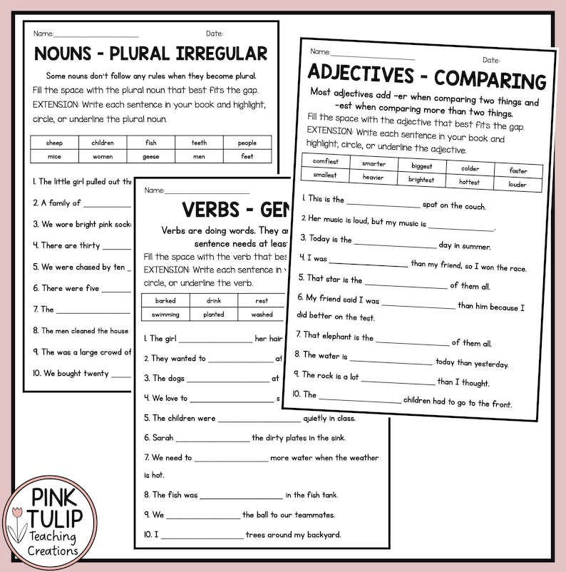 Parts of Speech - Fill the Blanks Worksheets - Etsy
