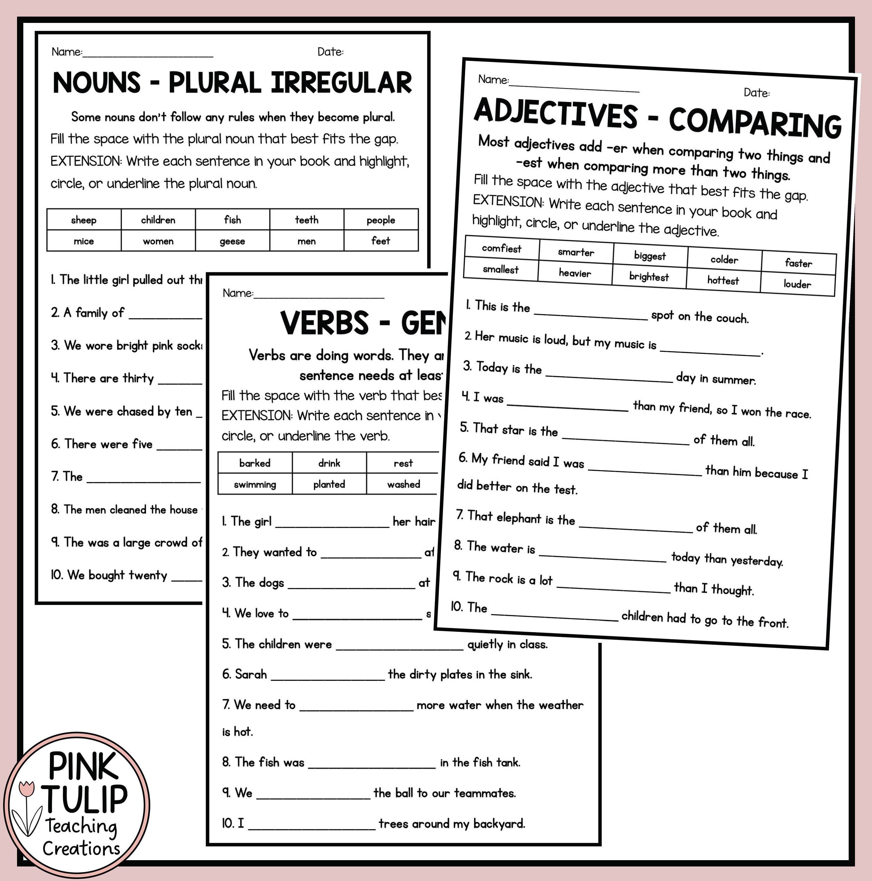 Parts of Speech - Fill the Blanks Worksheets - Etsy