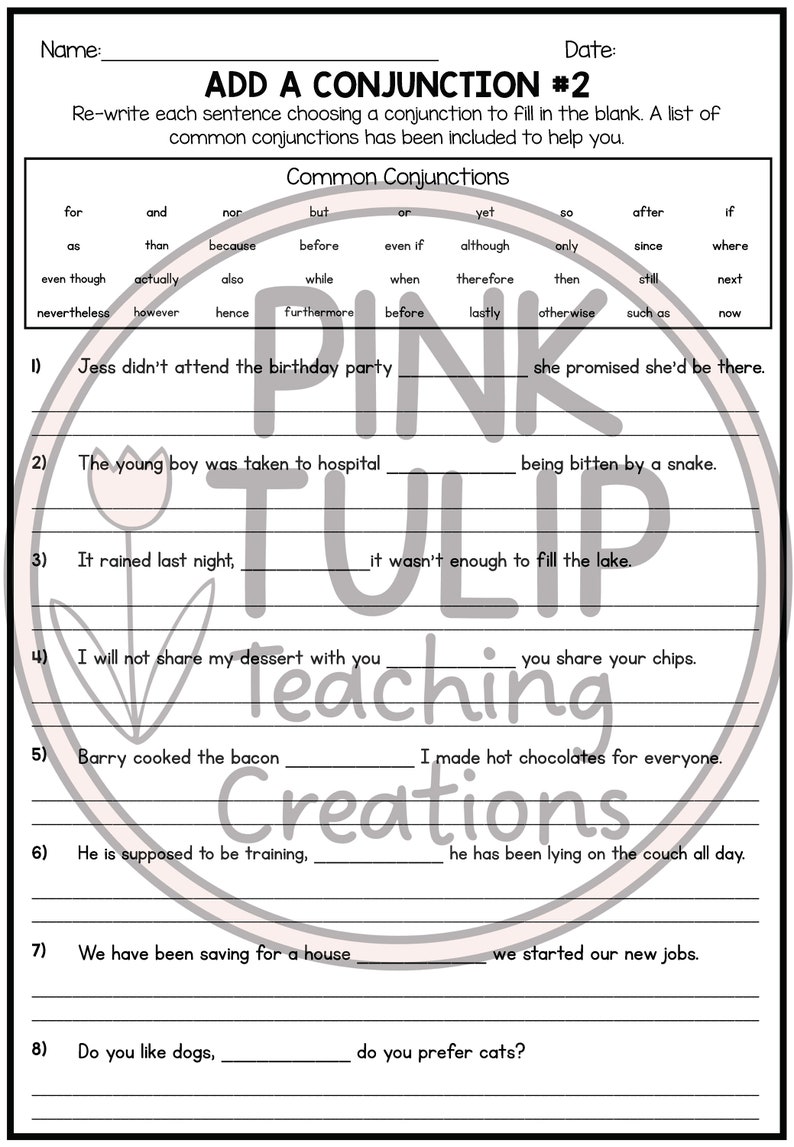 Add A Conjunction to the Sentences - Fill in the Blanks Worksheet Pack ...