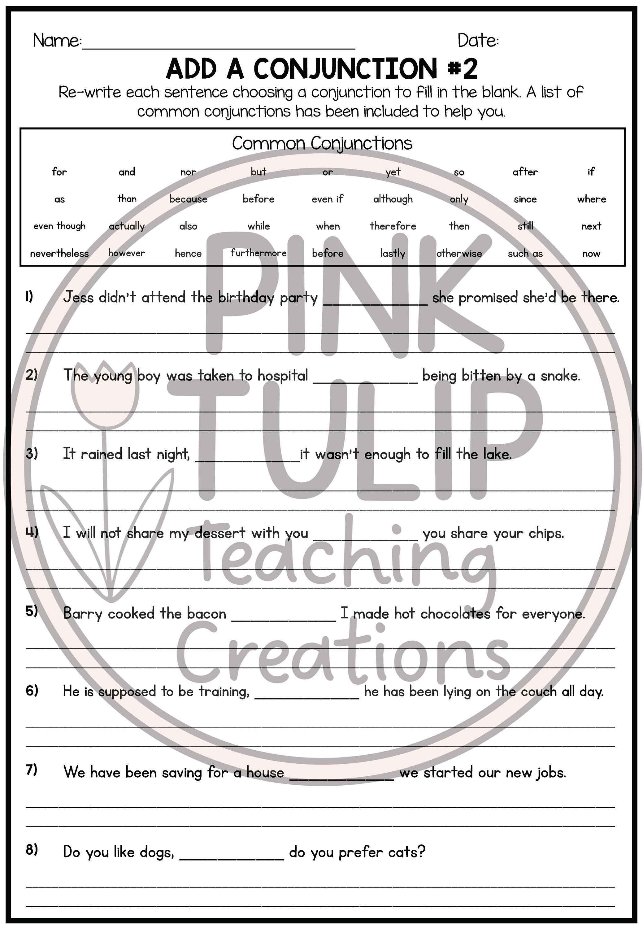 Add A Conjunction to the Sentences - Fill in the Blanks Worksheet Pack ...