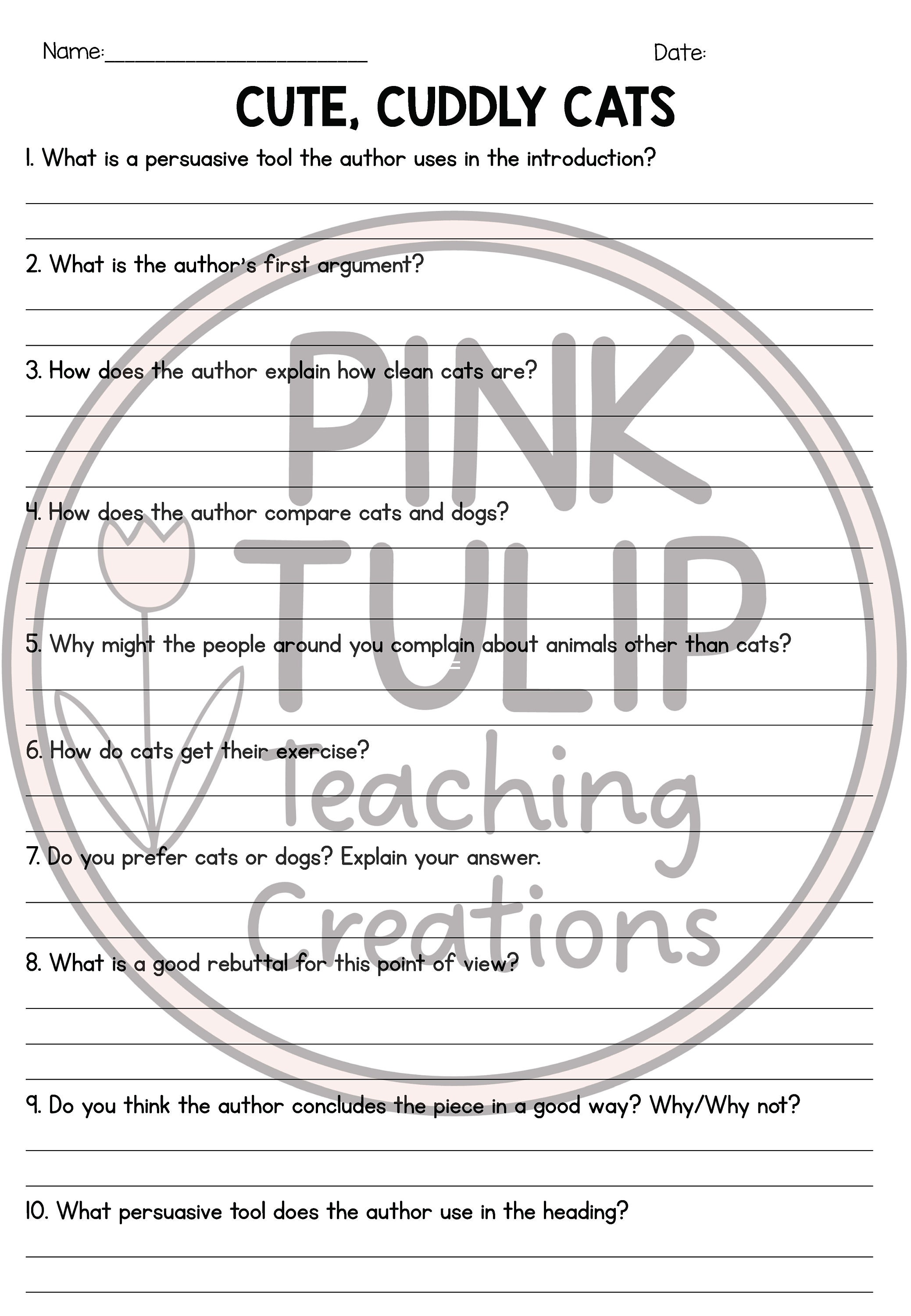 Persuasive Writing Comprehension Cute, Cuddly Cats - Etsy