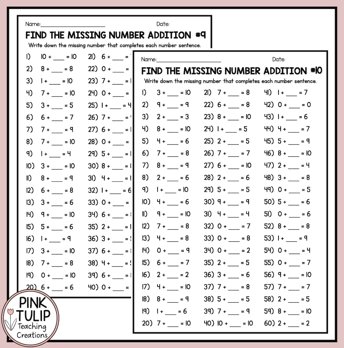 Missing Number up to 10 Addition Worksheets - Mental Math or Early ...
