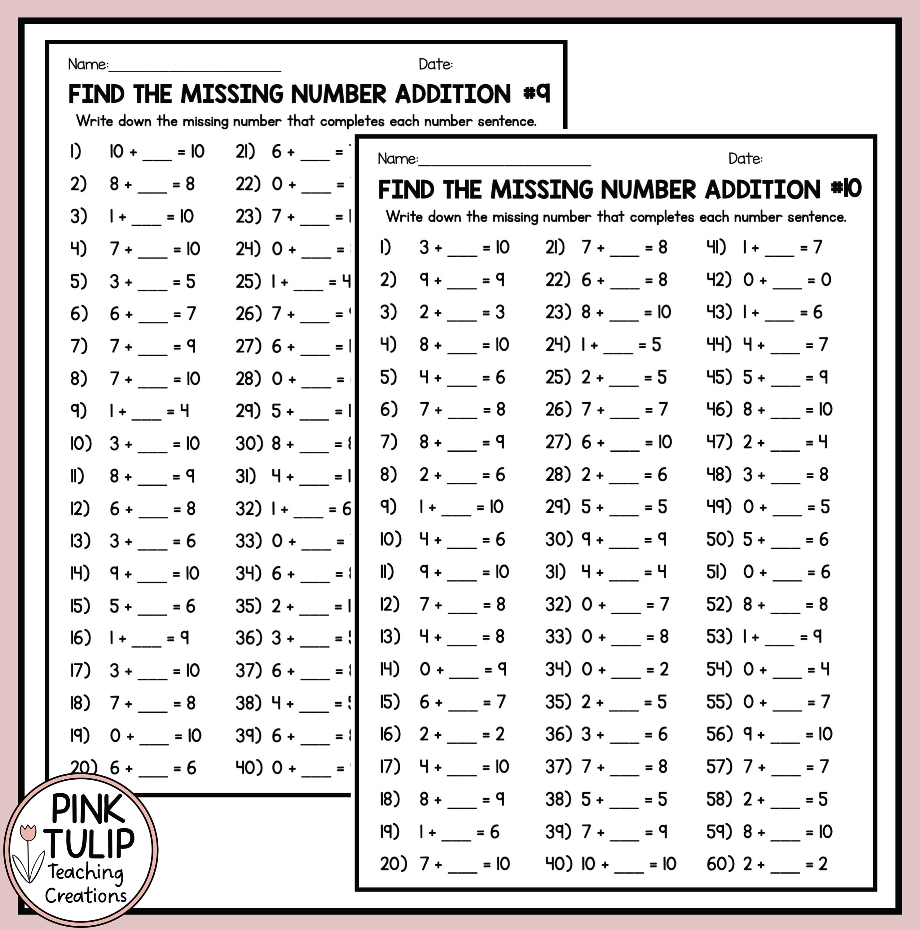 Missing Number up to 10 Addition Worksheets - Mental Math or Early ...