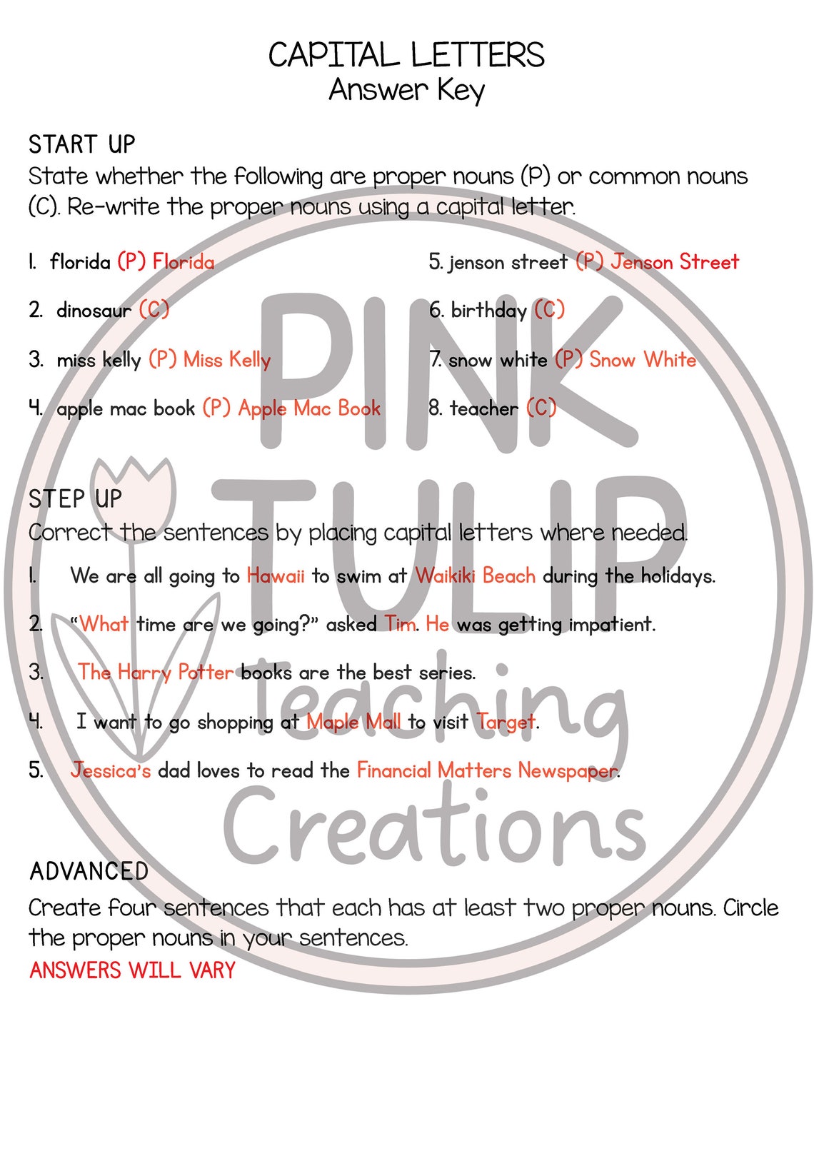 Nouns, Pronouns, and Capital Letters - Grammar Worksheets With Answers ...