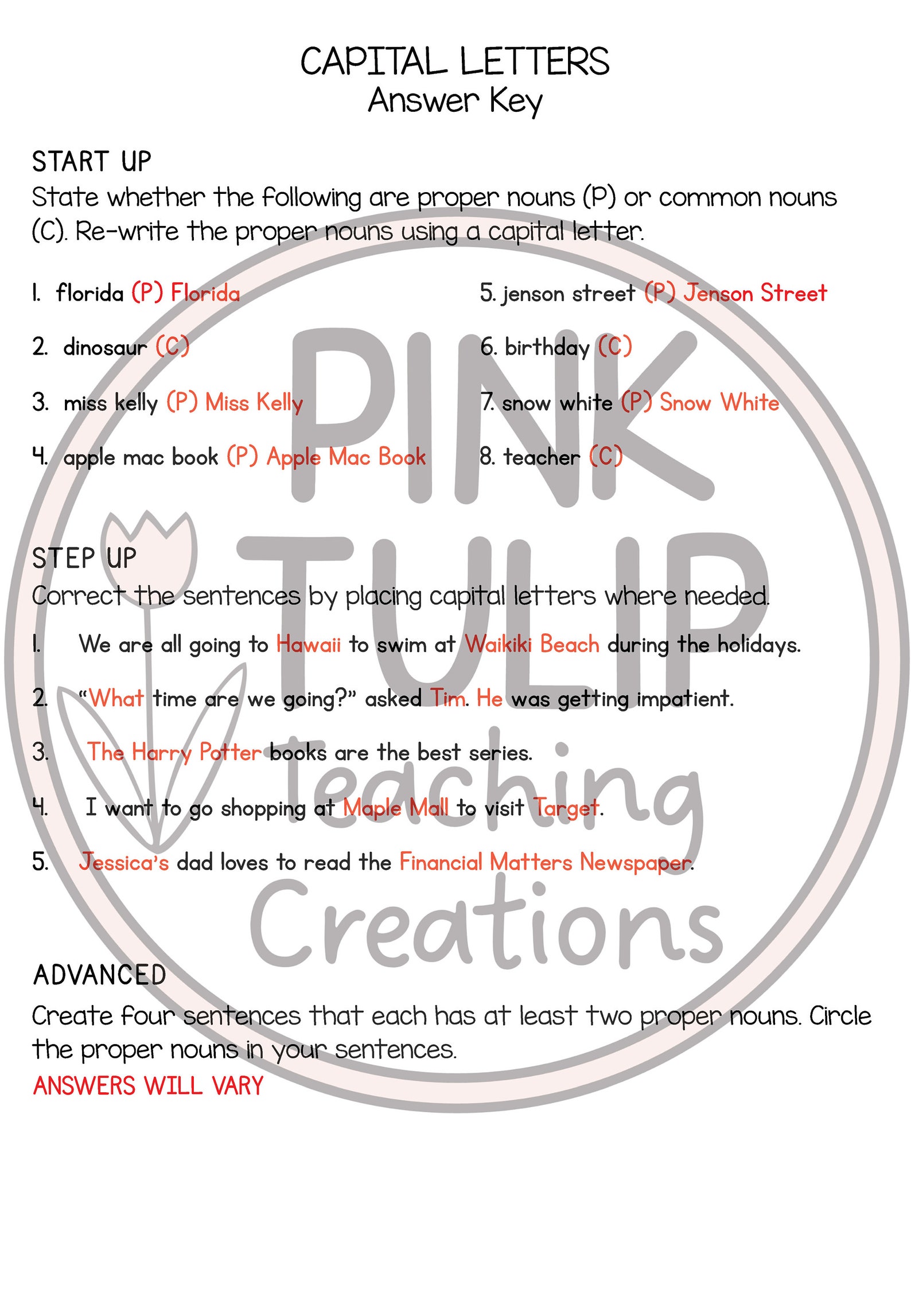 Nouns, Pronouns, and Capital Letters - Grammar Worksheets With Answers ...