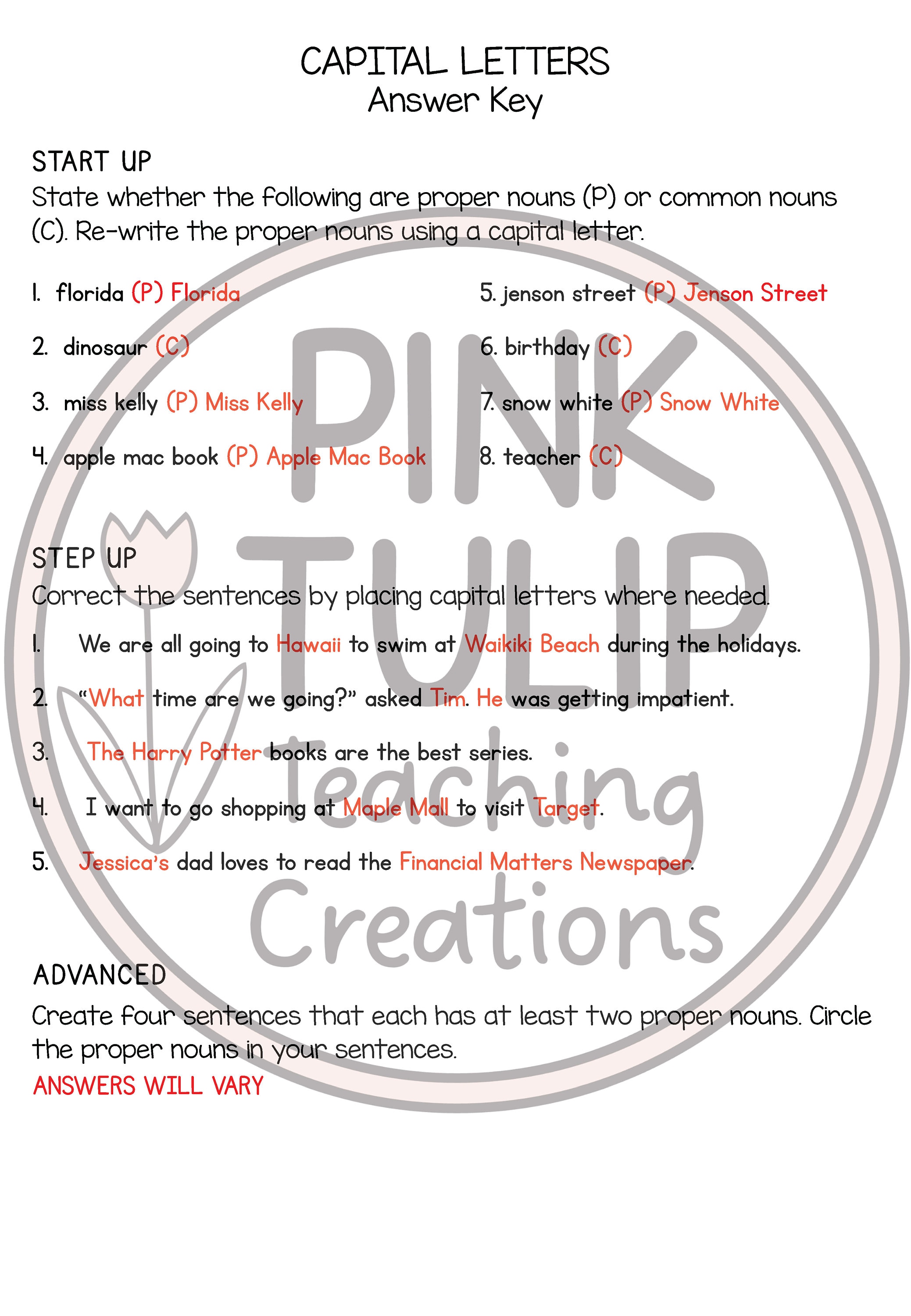 Nouns, Pronouns, and Capital Letters - Grammar Worksheets With Answers ...