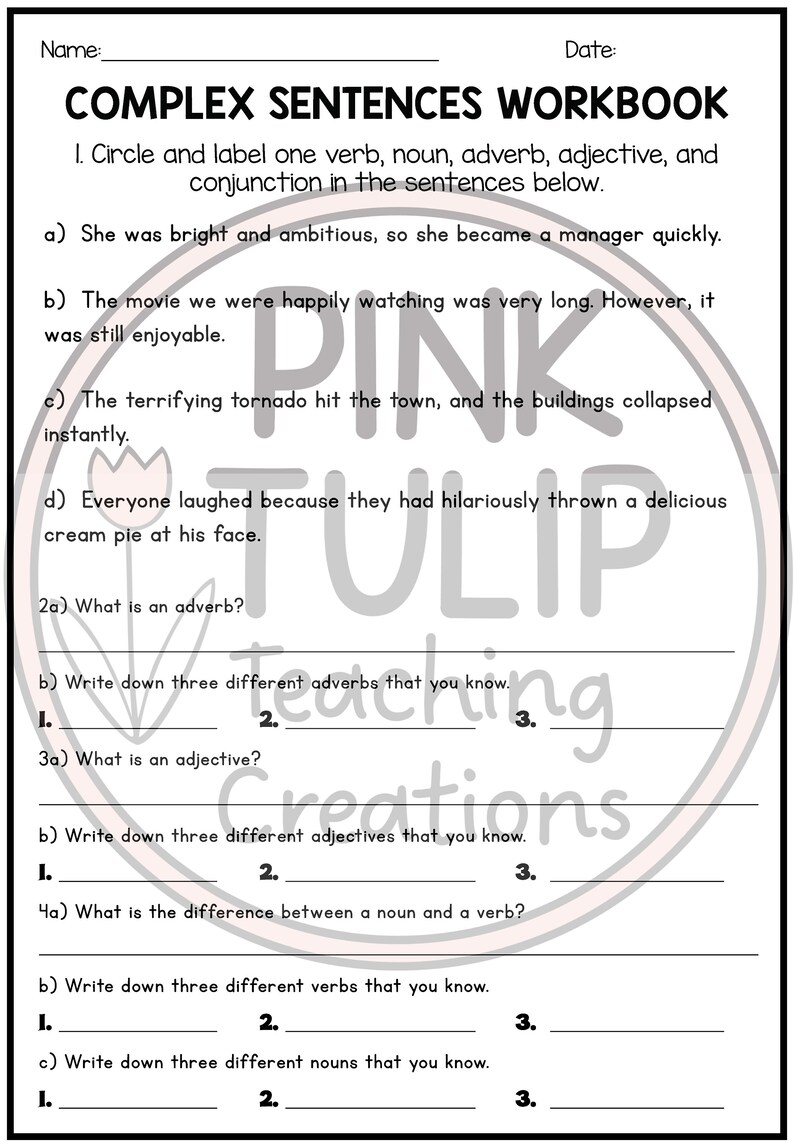 Complex Sentence Workbook - Grammar and Parts of Speech - Etsy