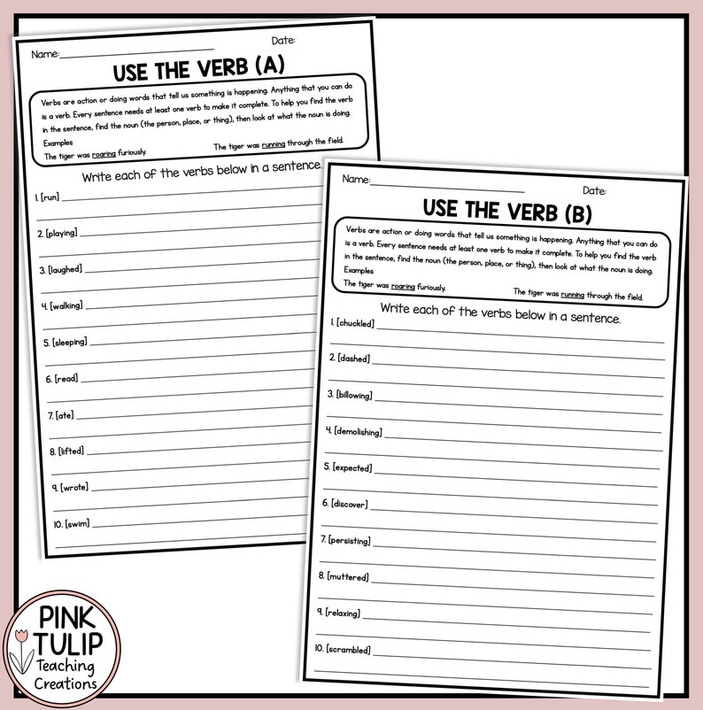 Verbs - Worksheet Pack With Answers - Etsy