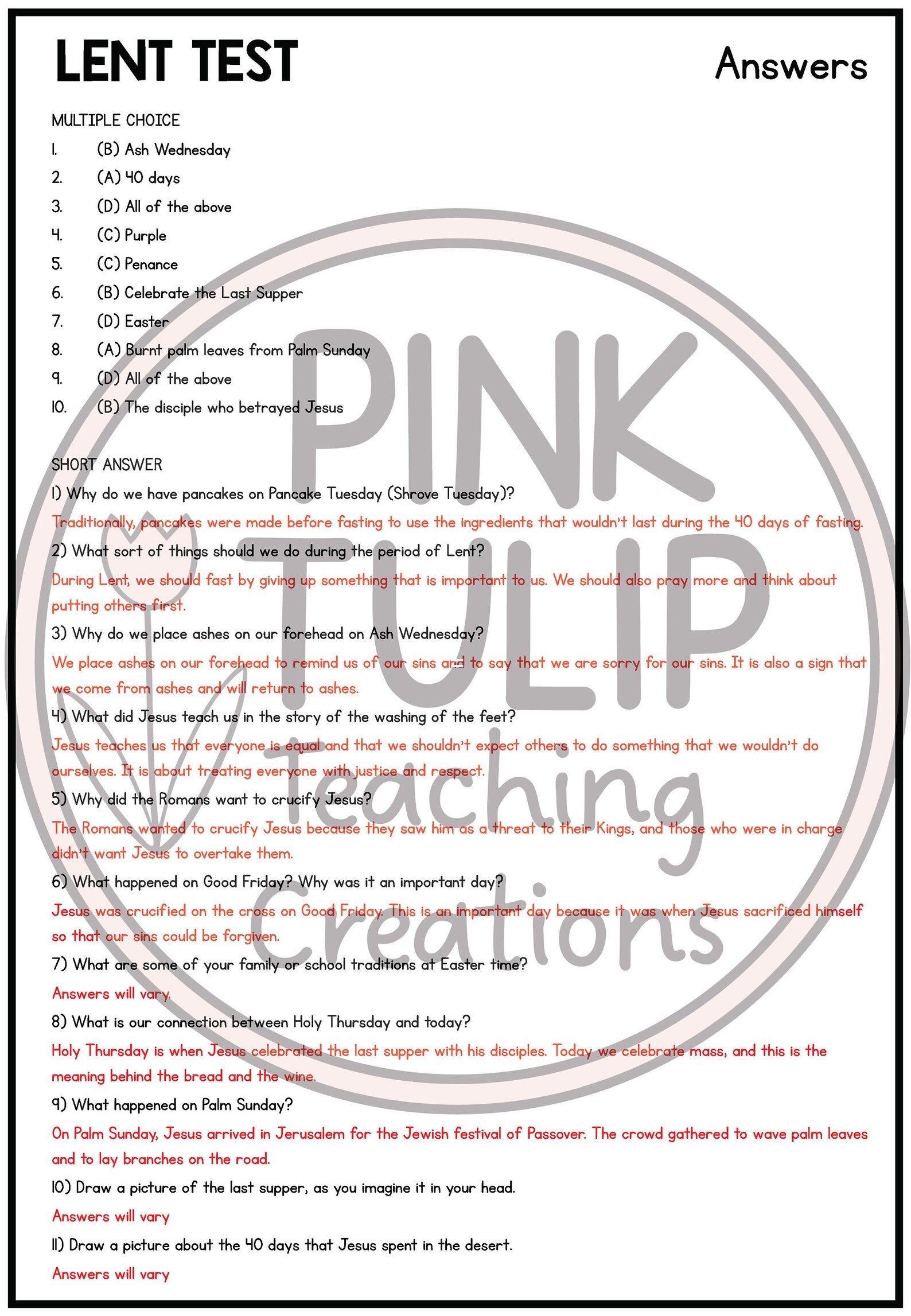 Lent Test - Assessment on Shrove Tuesday to Palm Sunday - Etsy