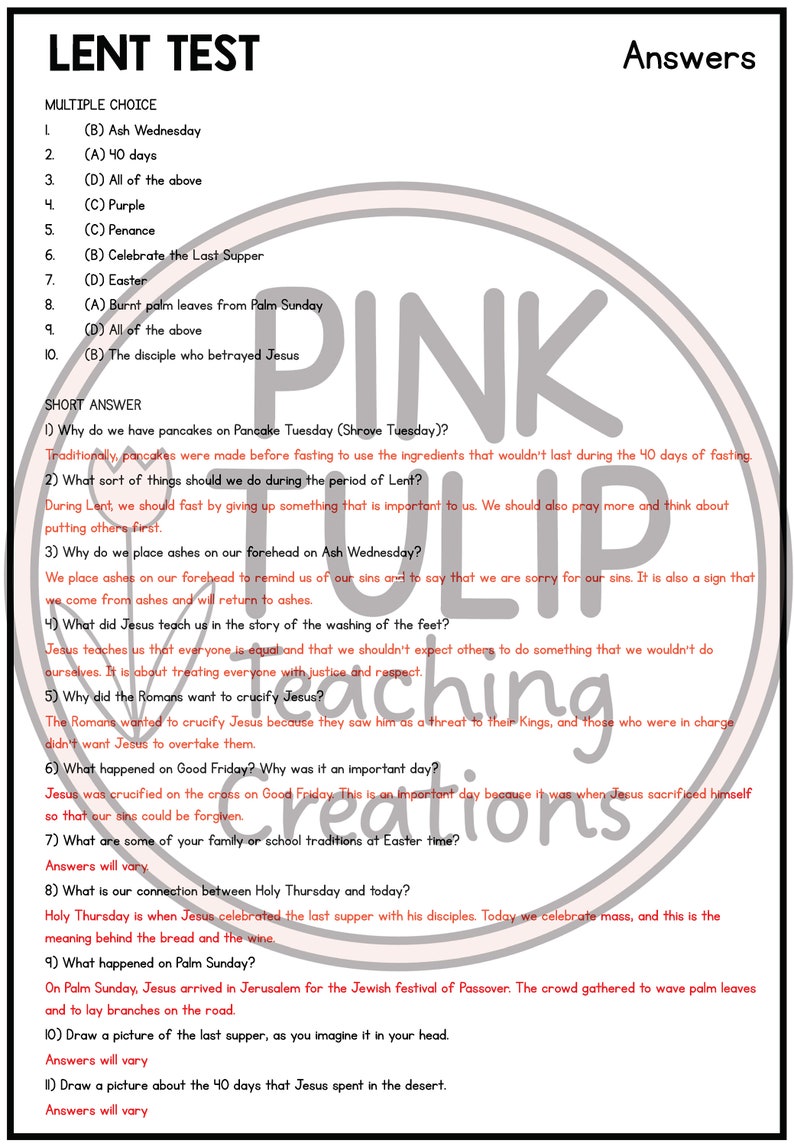 Lent Test - Assessment on Shrove Tuesday to Palm Sunday - Etsy