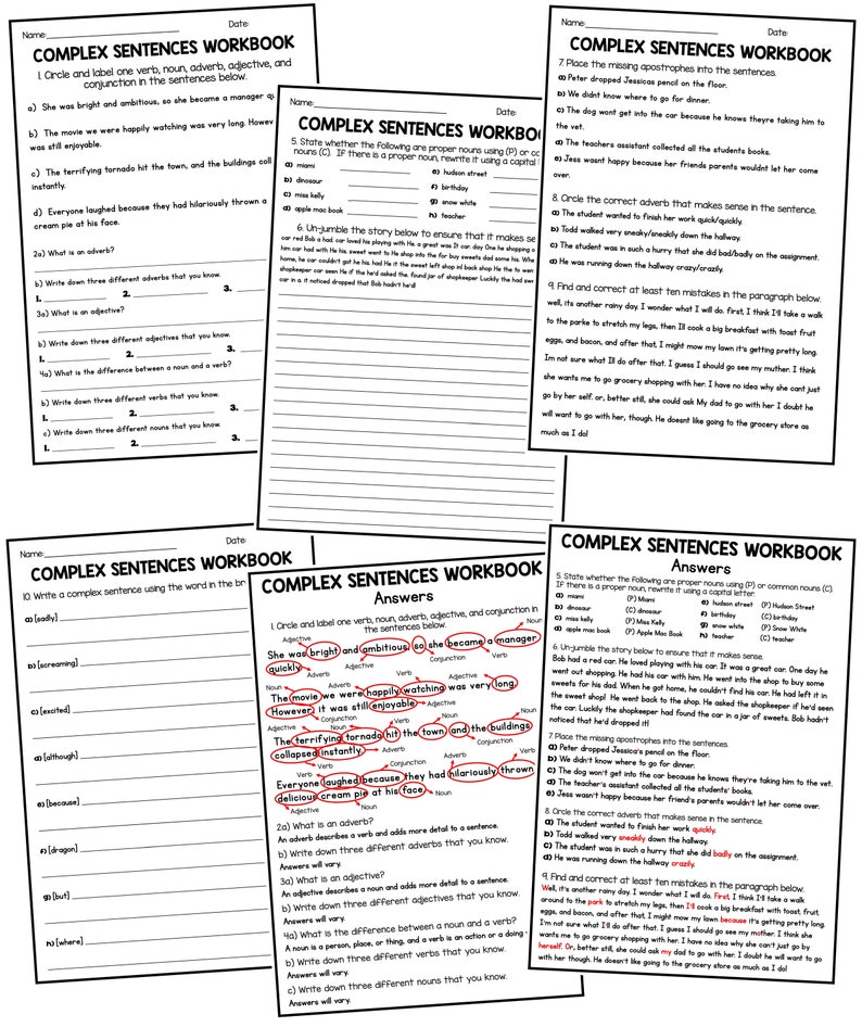 Complex Sentence Workbook - Grammar and Parts of Speech - Etsy