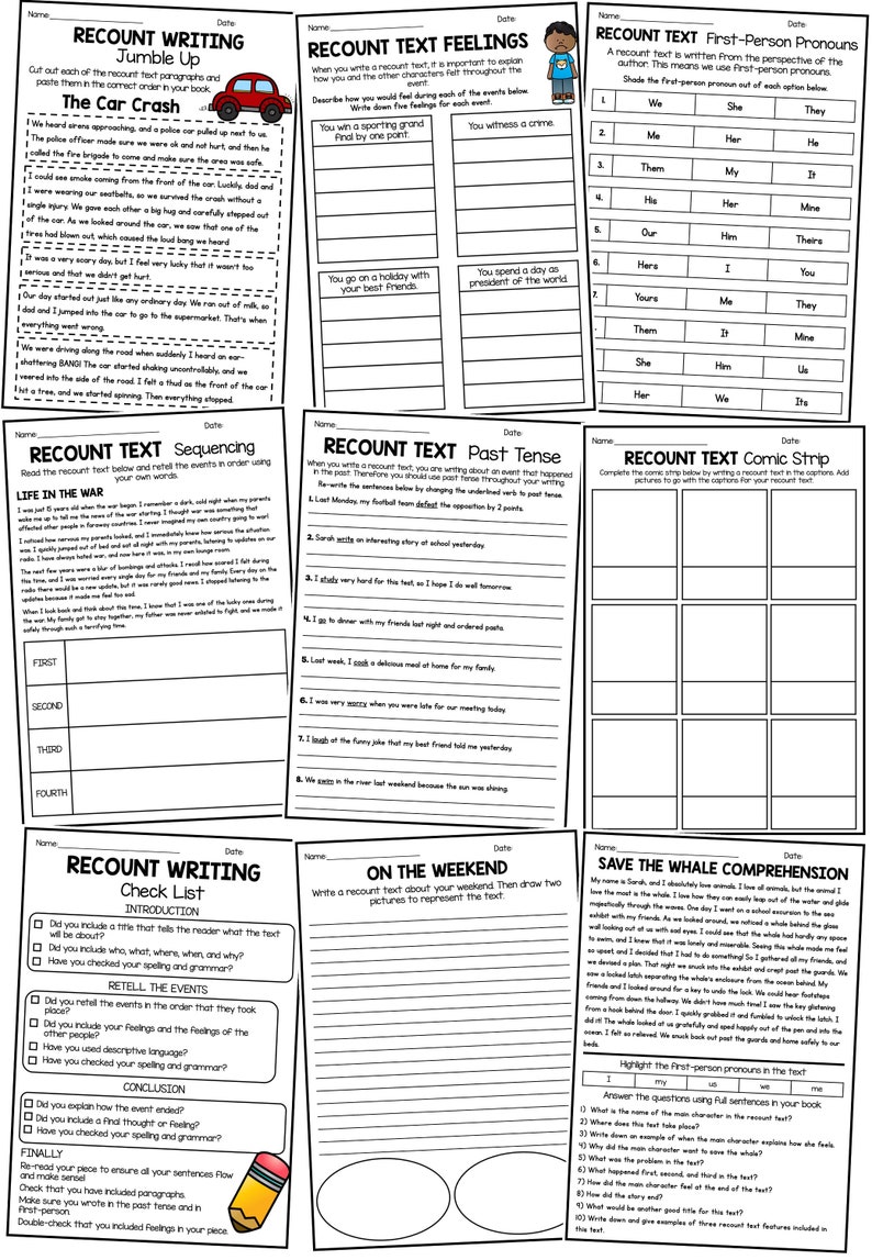 Recount Text Writing Worksheet Pack No Prep Lesson Ideas - Etsy