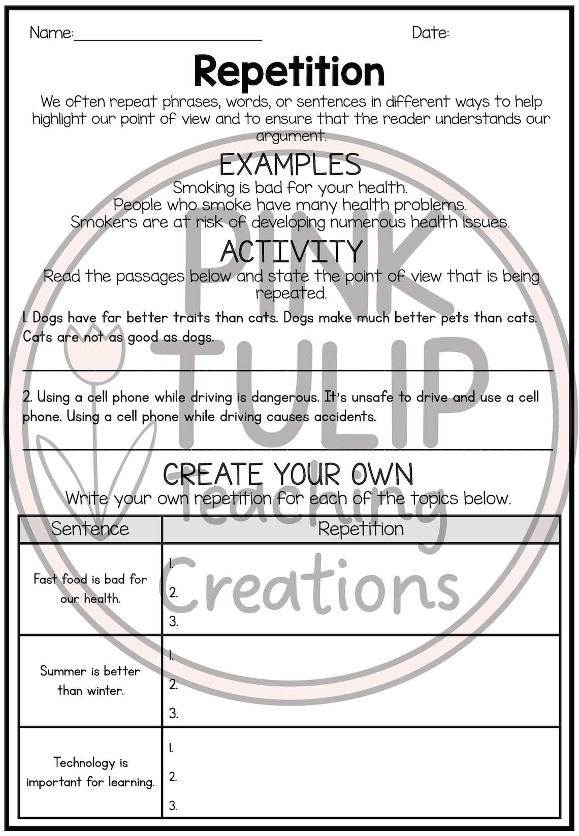 Repetition - Persuasive Writing Worksheets - Etsy