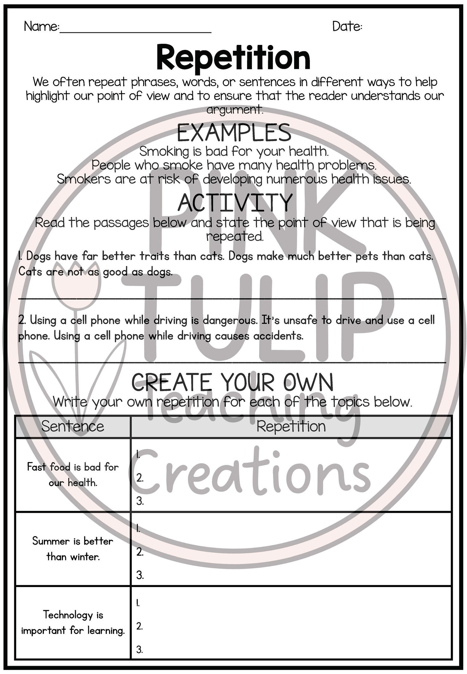 Repetition - Persuasive Writing Worksheets - Etsy