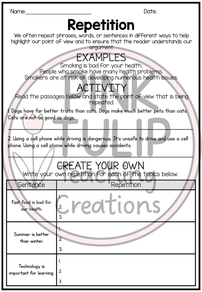 Repetition - Persuasive Writing Worksheets - Etsy