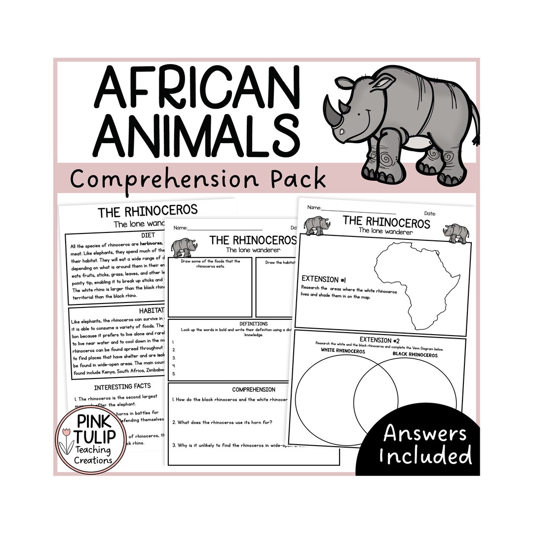 African Animals - Reading Comprehension Pack - Etsy