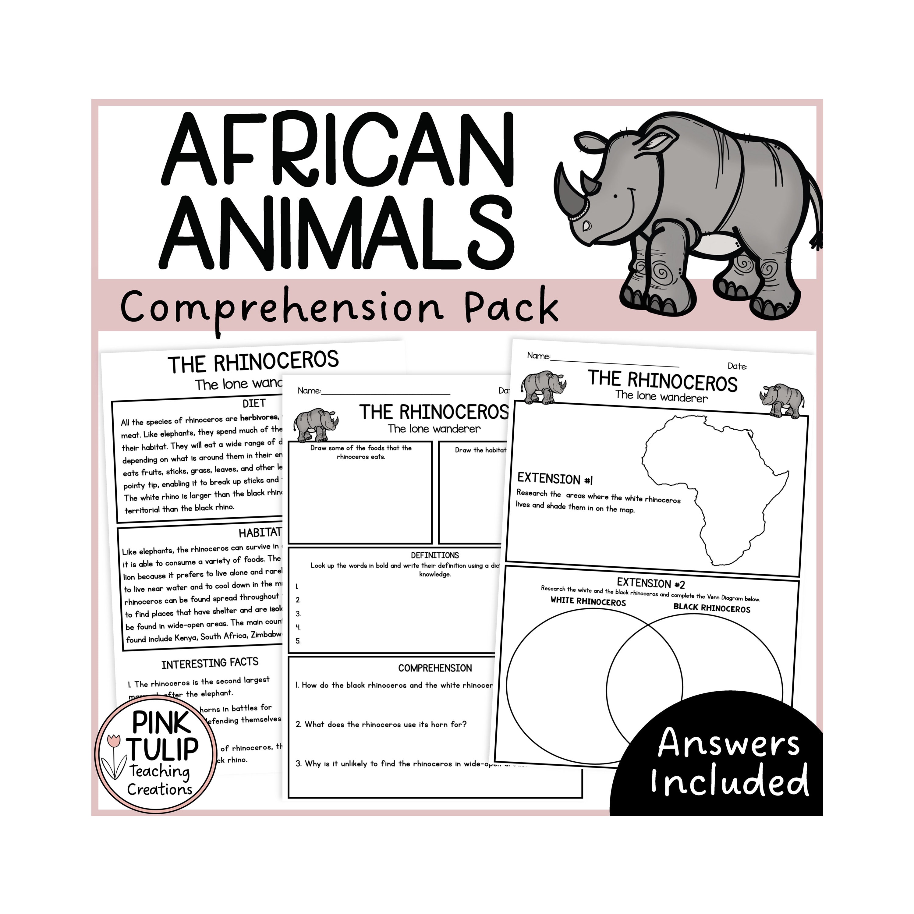 African Animals - Reading Comprehension Pack - Etsy