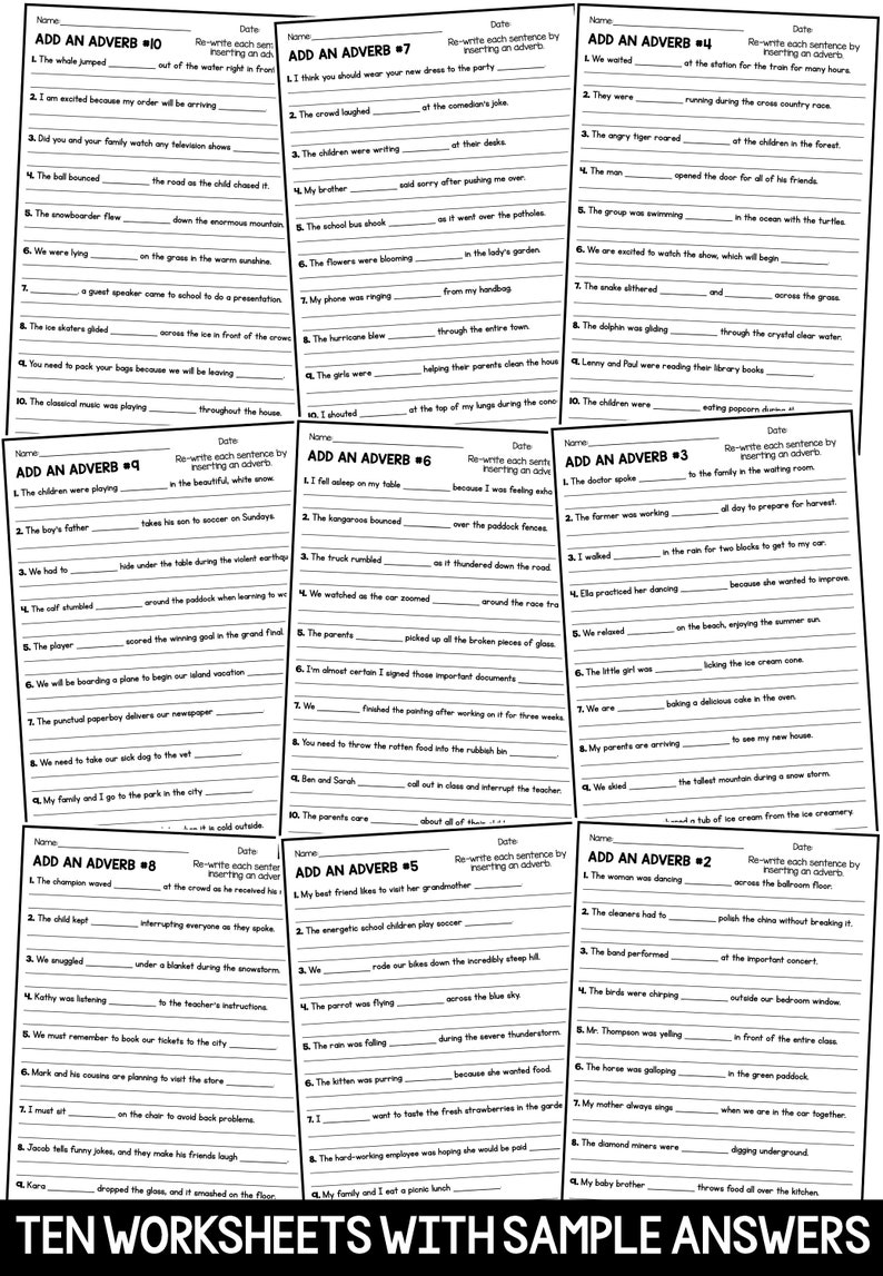 Add an Adverb to the Sentences - Fill in the Blanks Worksheet Pack - Etsy