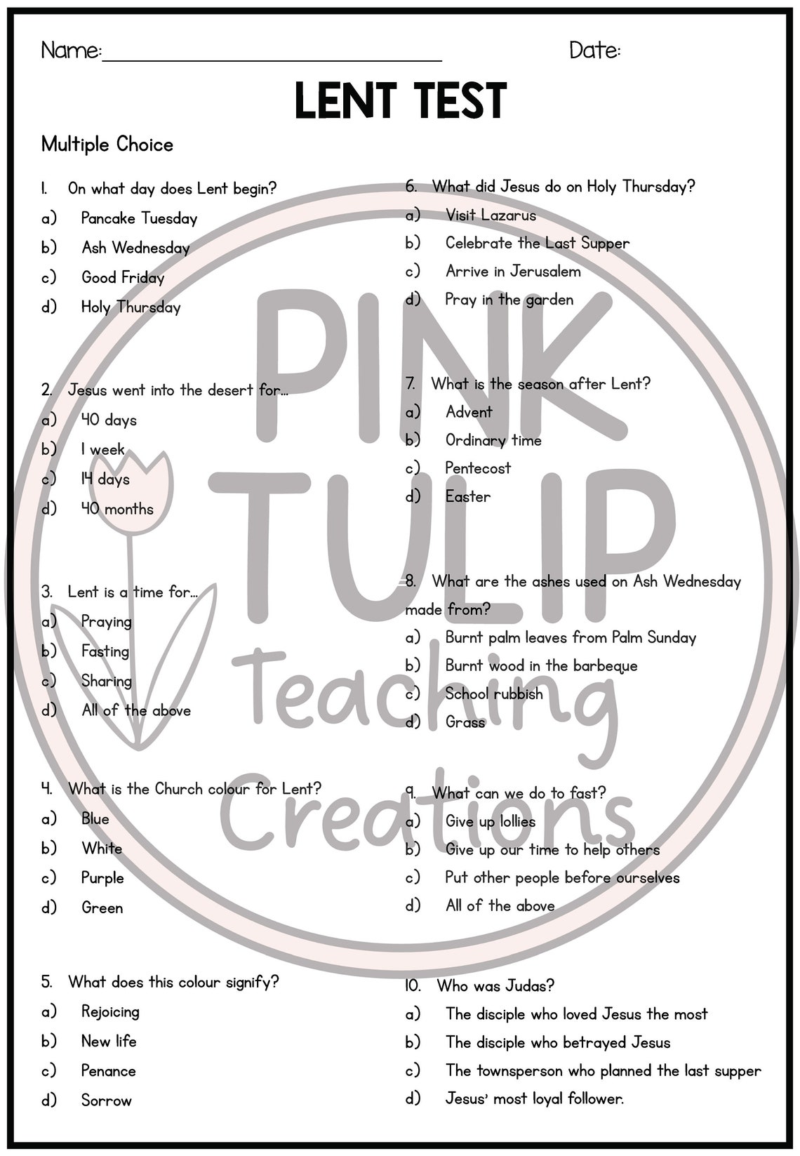 Lent Test - Assessment on Shrove Tuesday to Palm Sunday - Etsy