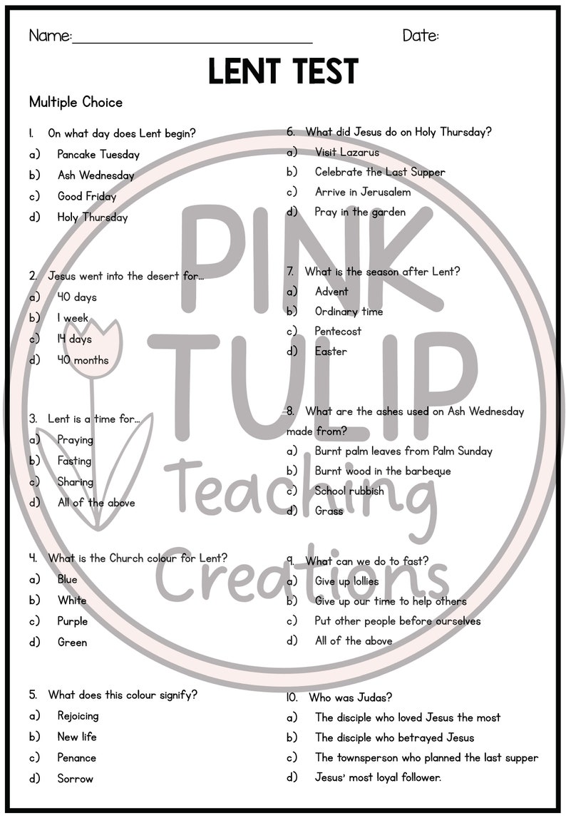 Lent Test - Assessment on Shrove Tuesday to Palm Sunday - Etsy