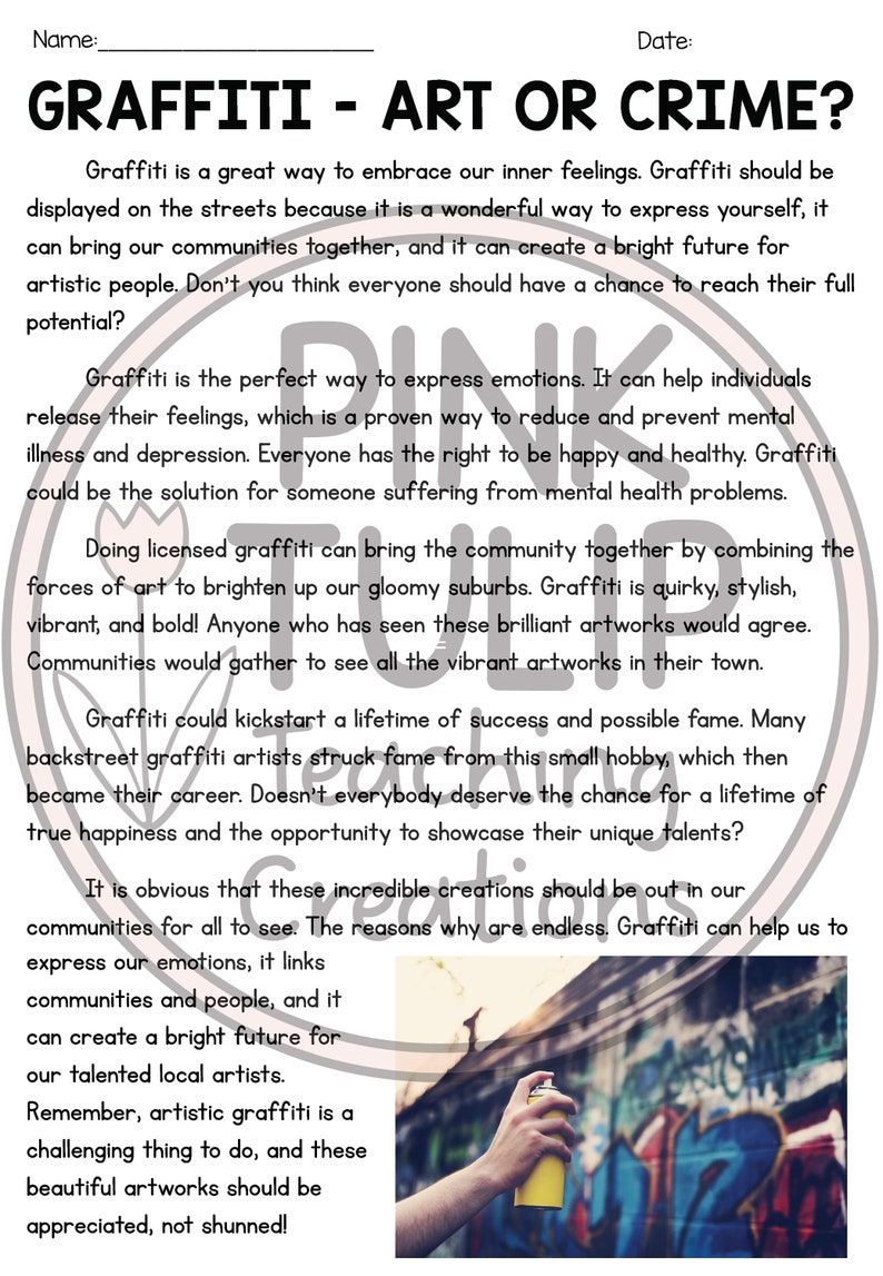 Persuasive Writing Comprehension - Graffiti, Art or Crime? - Etsy