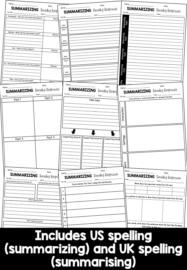 Summarizing summarising Reading Response Pack Templates for Any Book - Etsy