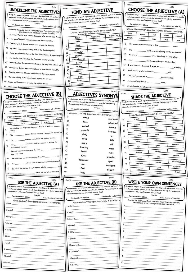 Adjectives Worksheet Pack With Answers - Etsy