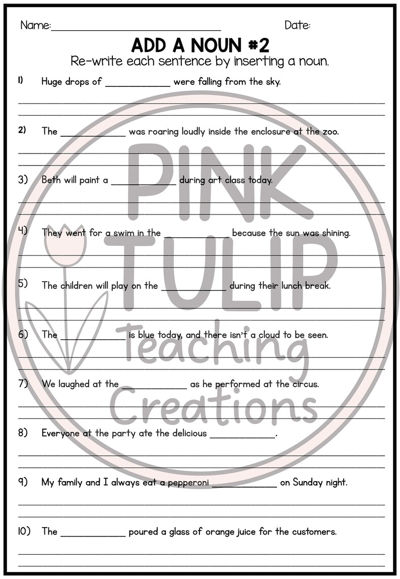 Add A Noun to the Sentences - Fill in the Blanks Worksheet Pack - Etsy