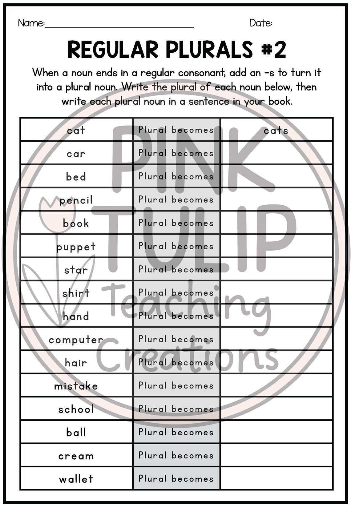 Regular Plurals, Add an -S Grammar Worksheets - Etsy