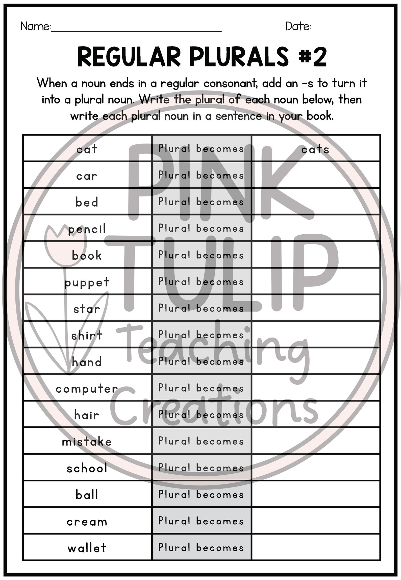 Regular Plurals, Add an -S Grammar Worksheets - Etsy