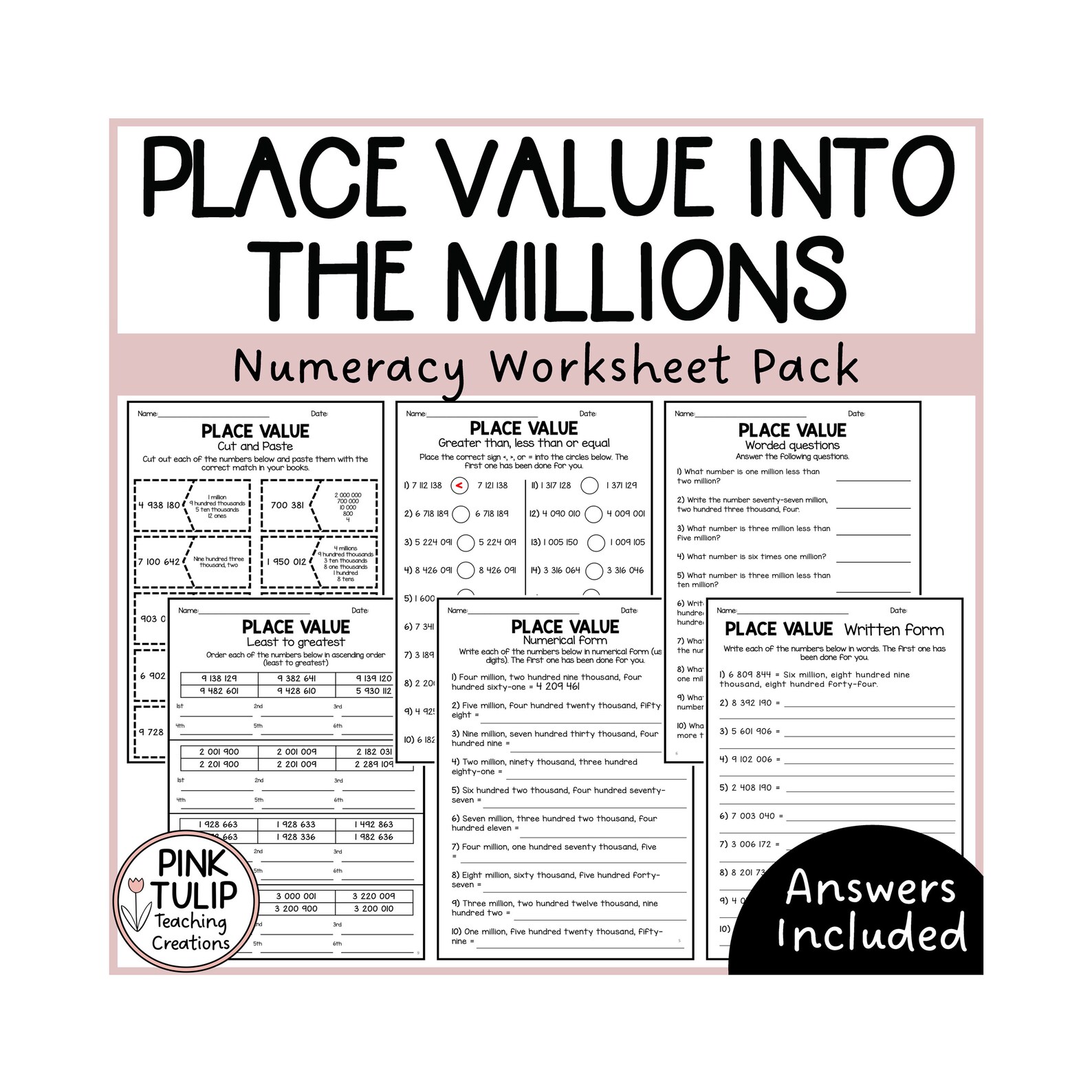 Place Value Into the Millions - Worksheet Pack - Etsy