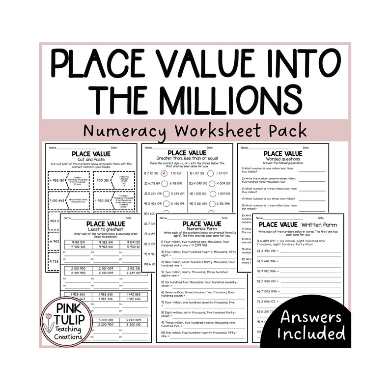 Place Value Into the Millions - Worksheet Pack - Etsy