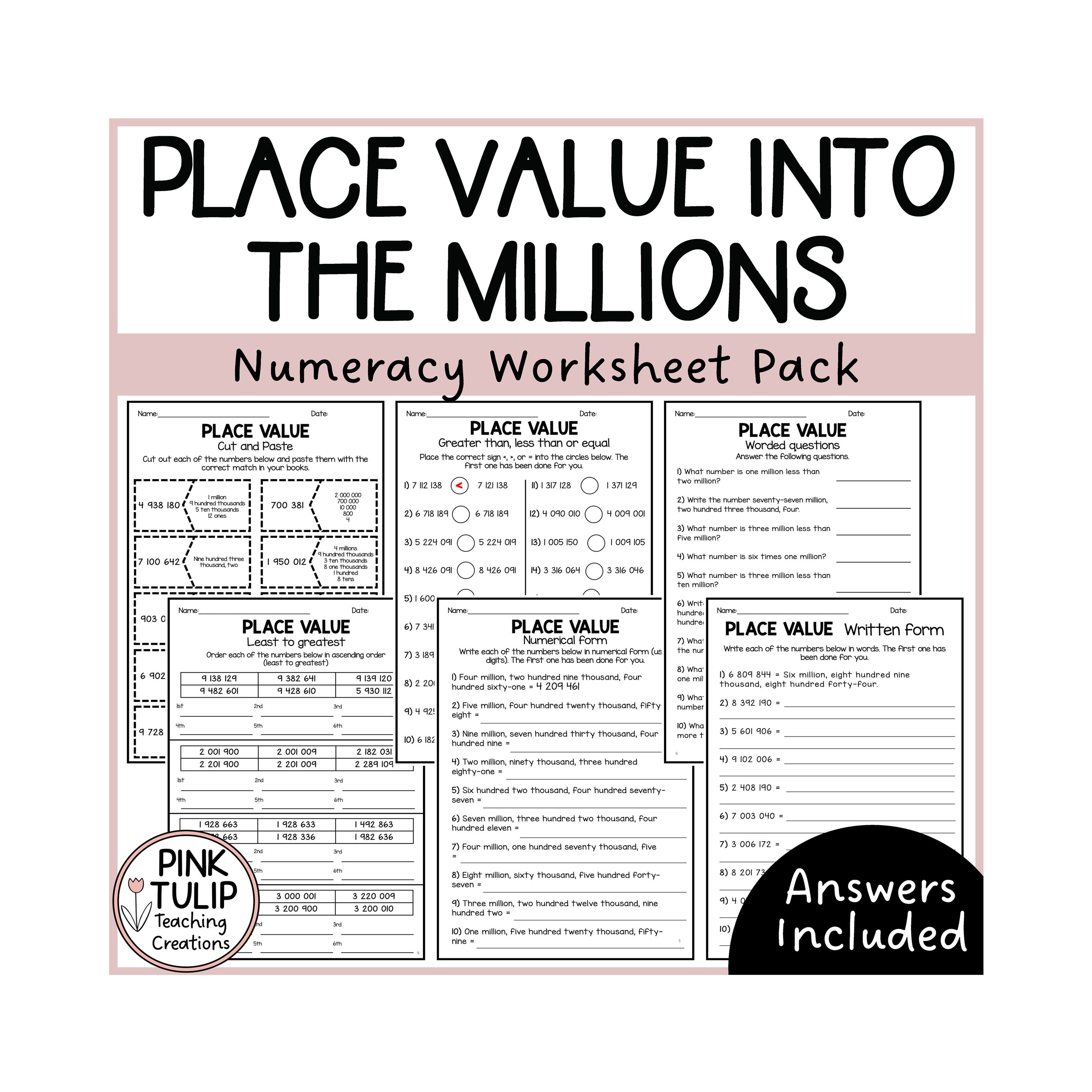 Place Value Into the Millions - Worksheet Pack - Etsy