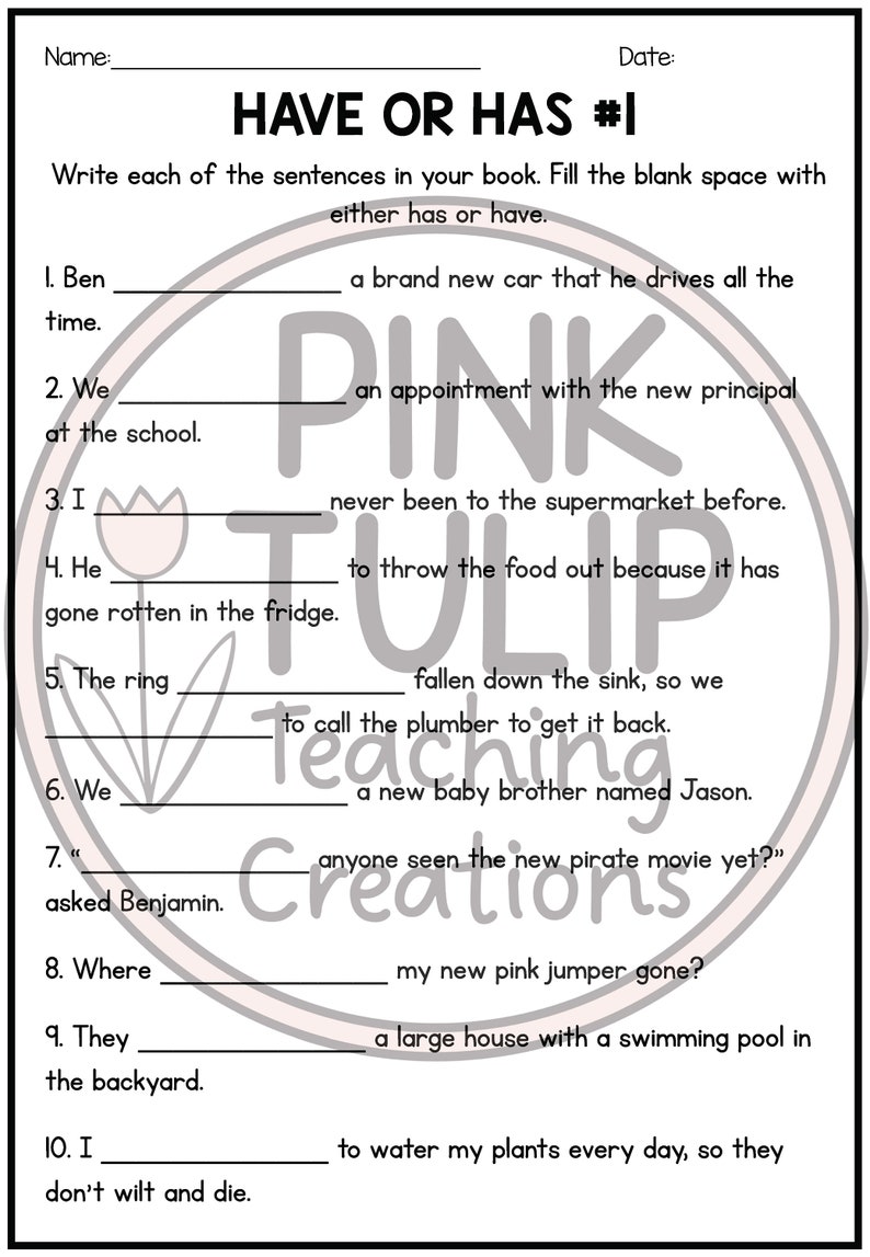 Have or Has Grammar Worksheets - Etsy