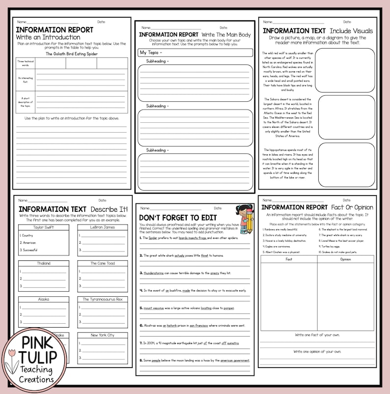 Information Text Reading and Writing Worksheet Pack No Prep Lesson ...