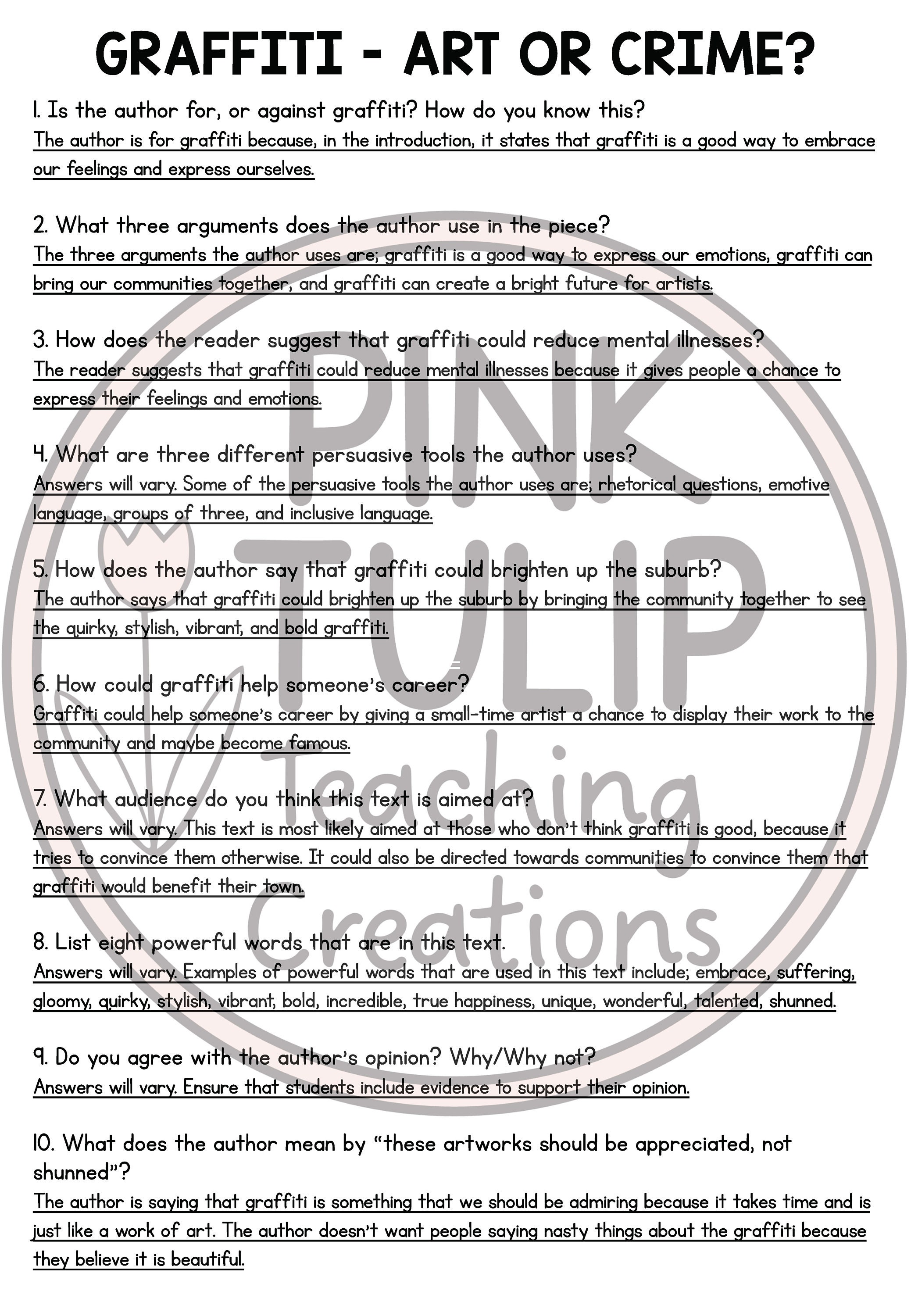 Persuasive Writing Comprehension - Graffiti, Art or Crime? - Etsy