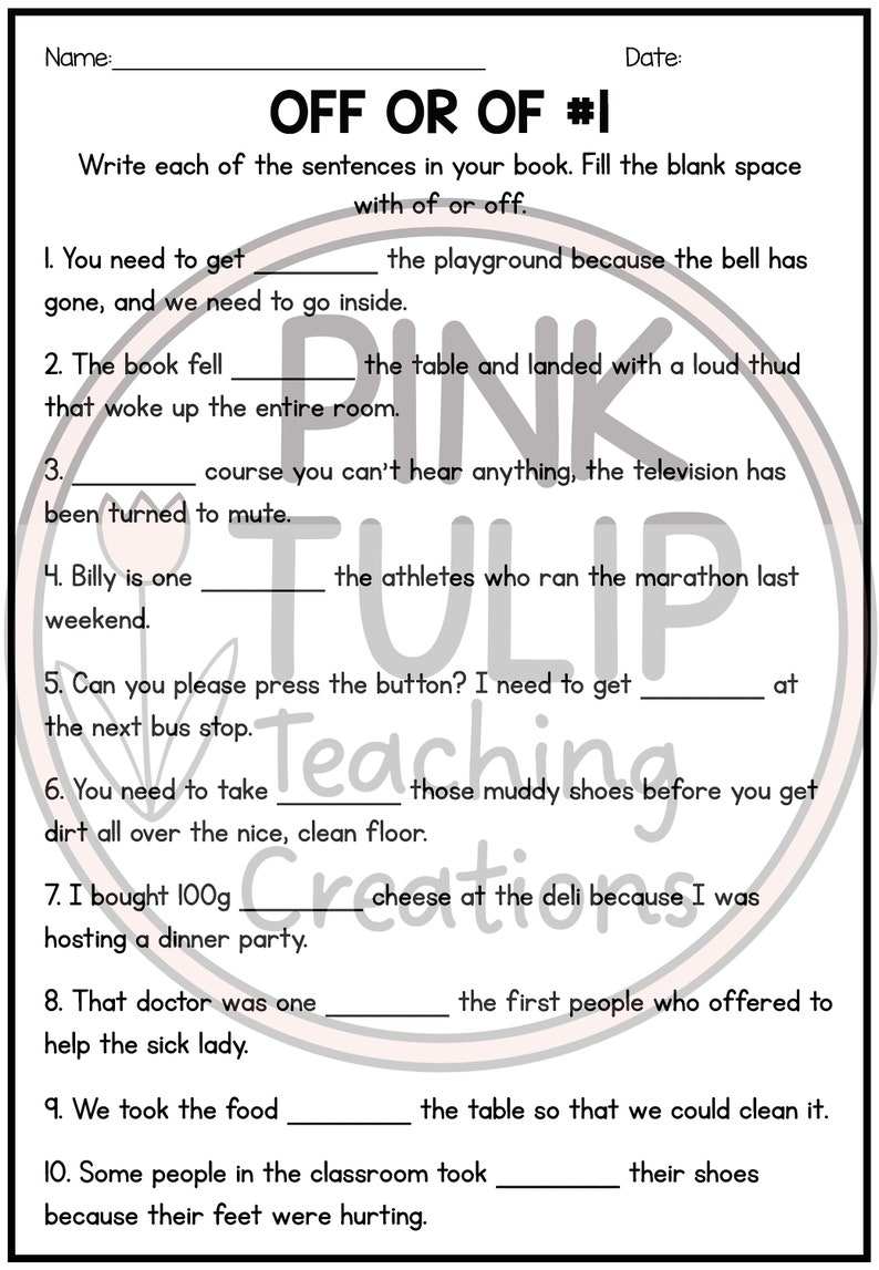 Off or of Grammar Worksheets - Etsy