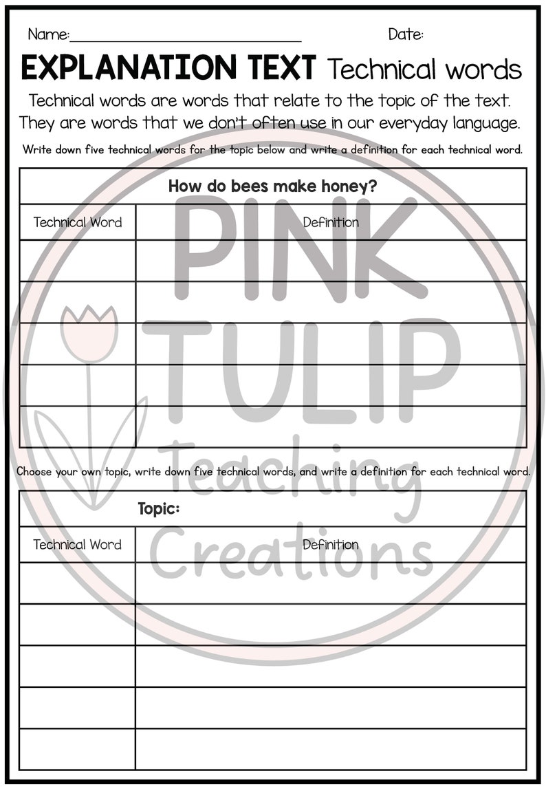 Explanation Writing - Technical Words and Glossary Worksheets - Etsy