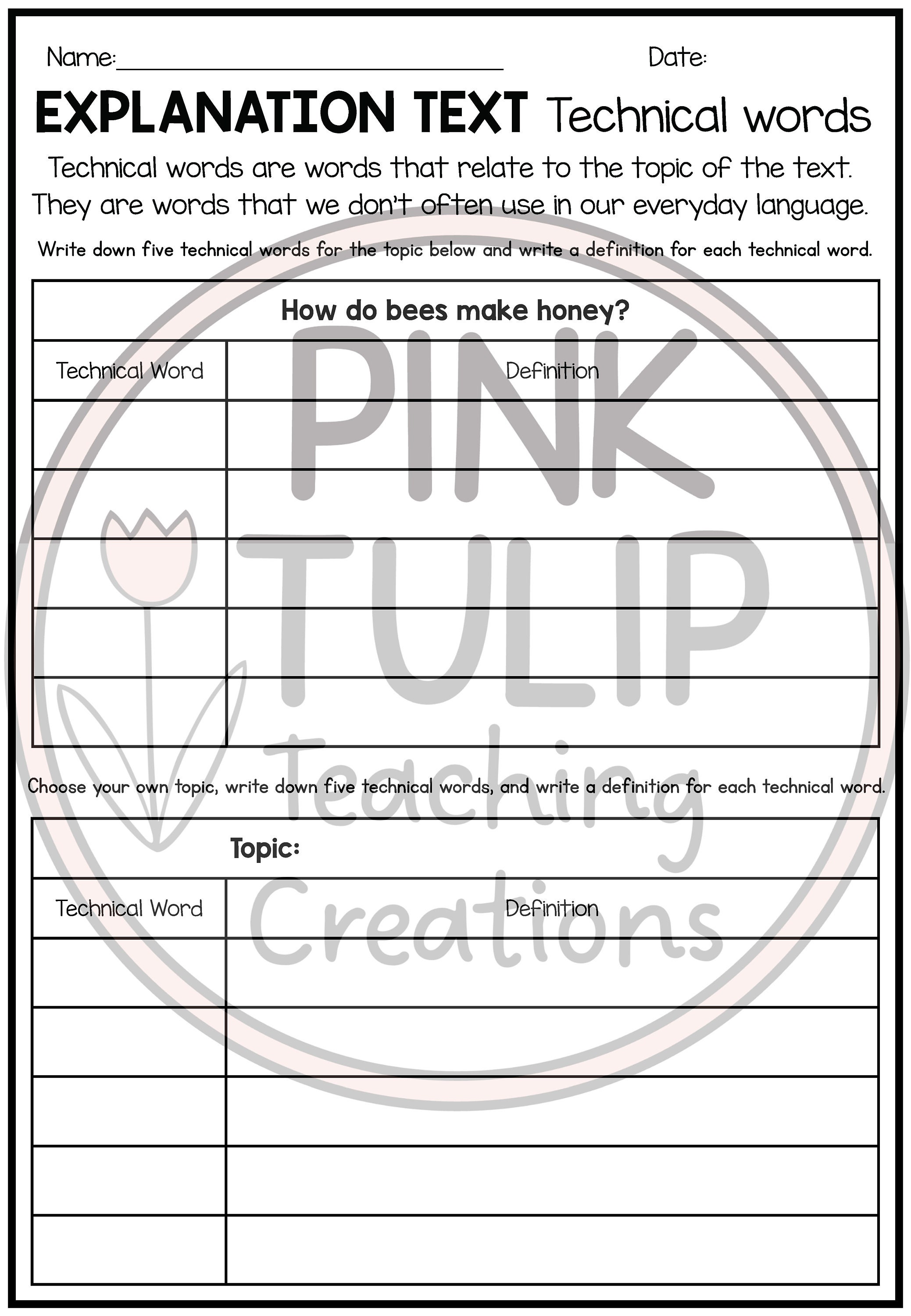 Explanation Writing - Technical Words and Glossary Worksheets - Etsy