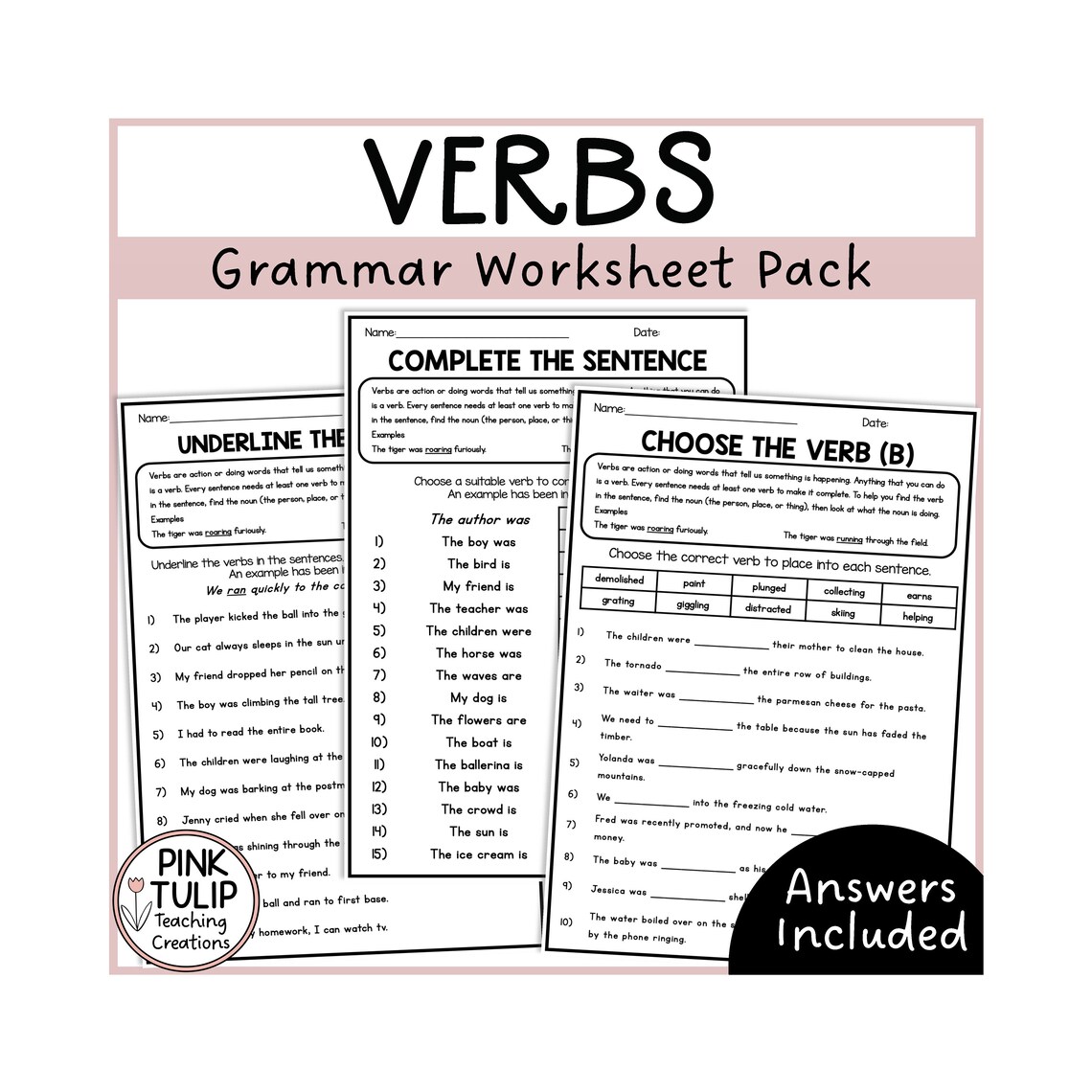 Verbs - Worksheet Pack With Answers - Etsy