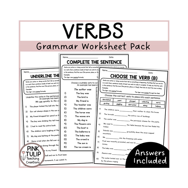 Verbs - Worksheet Pack With Answers - Etsy