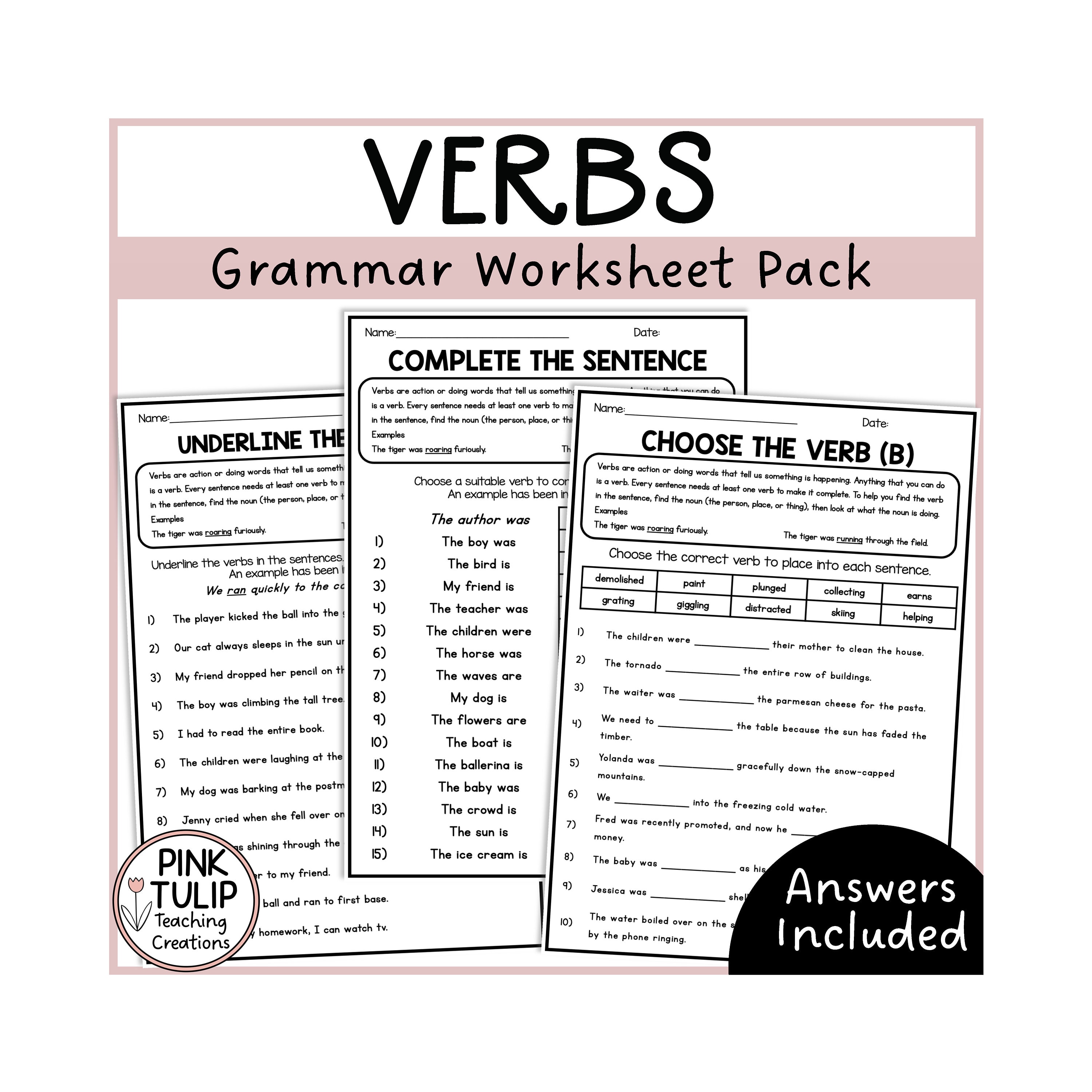Verbs - Worksheet Pack With Answers - Etsy