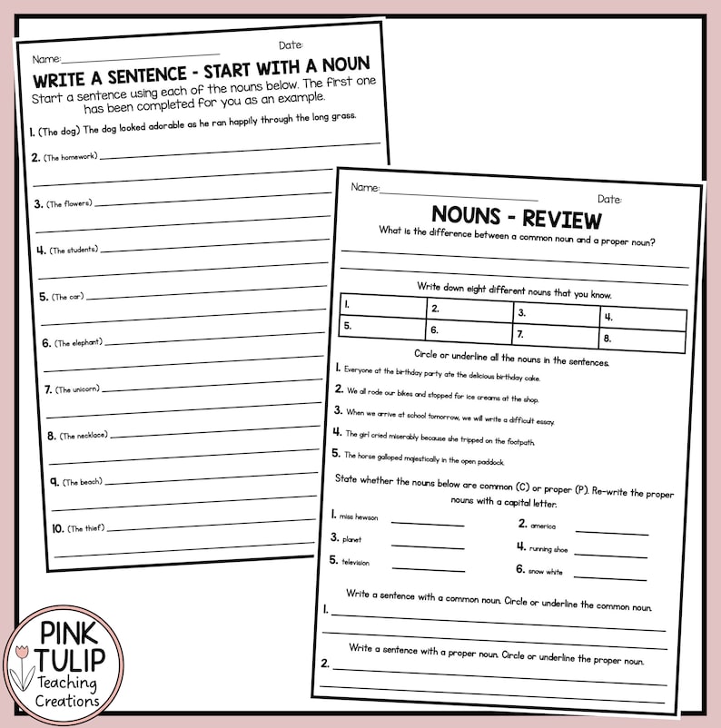 Nouns Mini Unit - Structured Worksheet Pack - Etsy