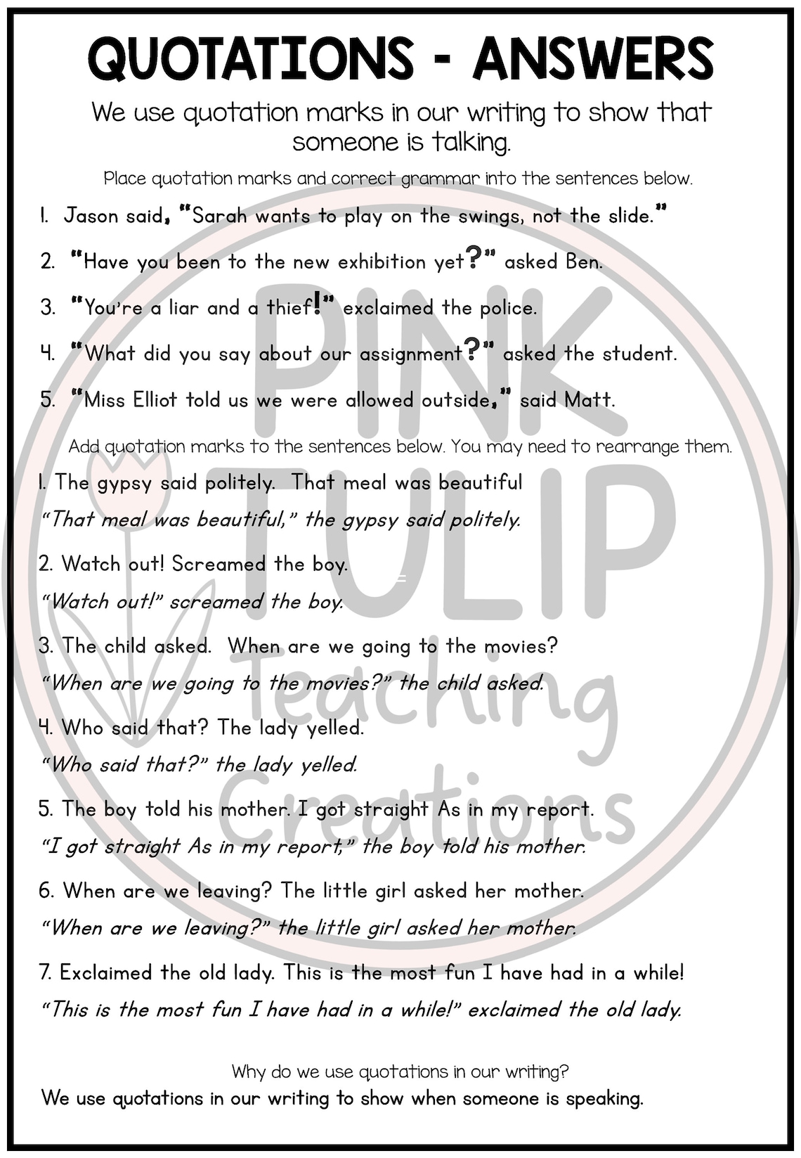 Using Quotations Worksheets - No Prep Printables - Etsy