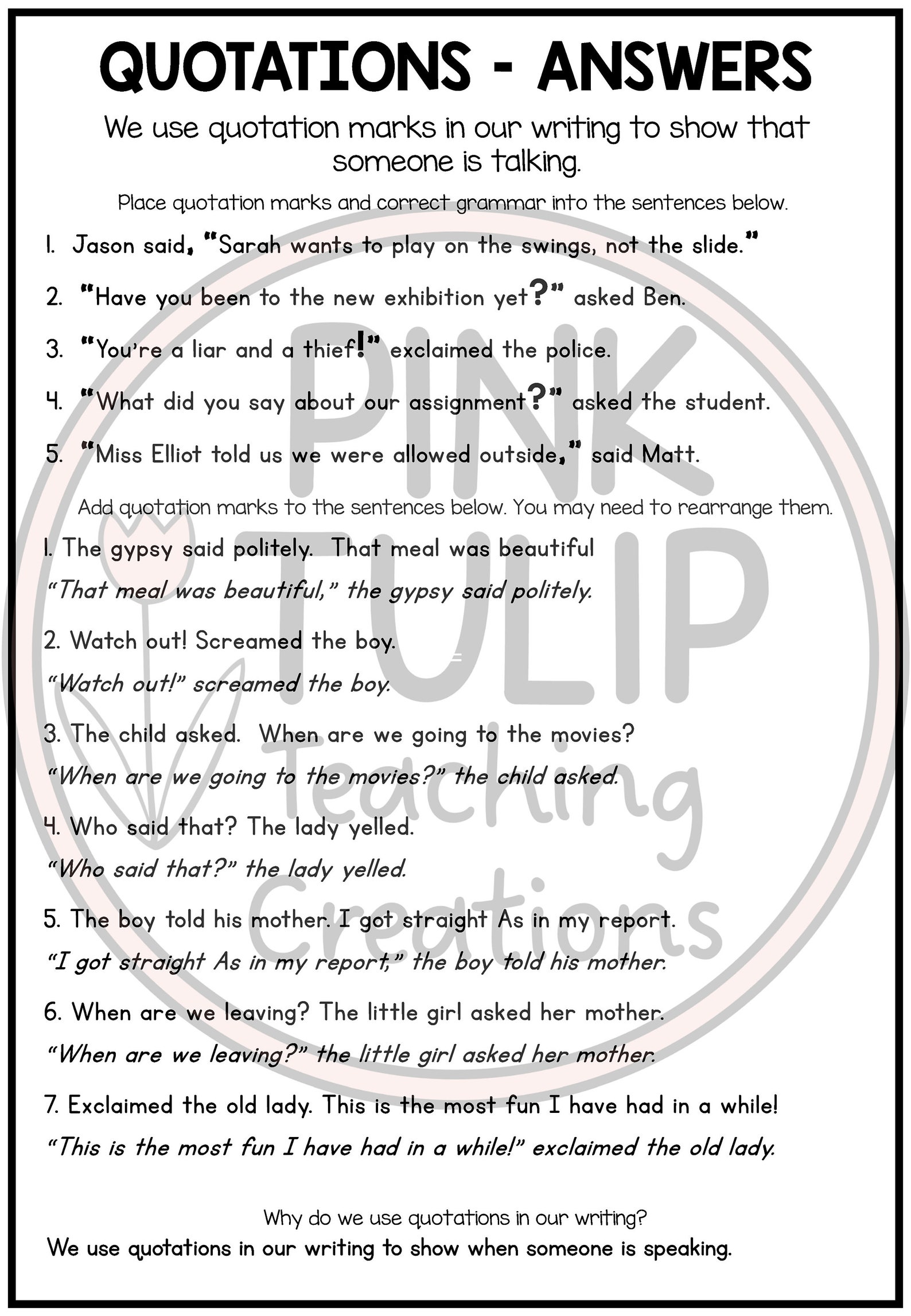 Using Quotations Worksheets - No Prep Printables - Etsy