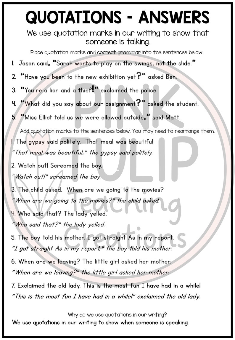 Using Quotations Worksheets - No Prep Printables - Etsy