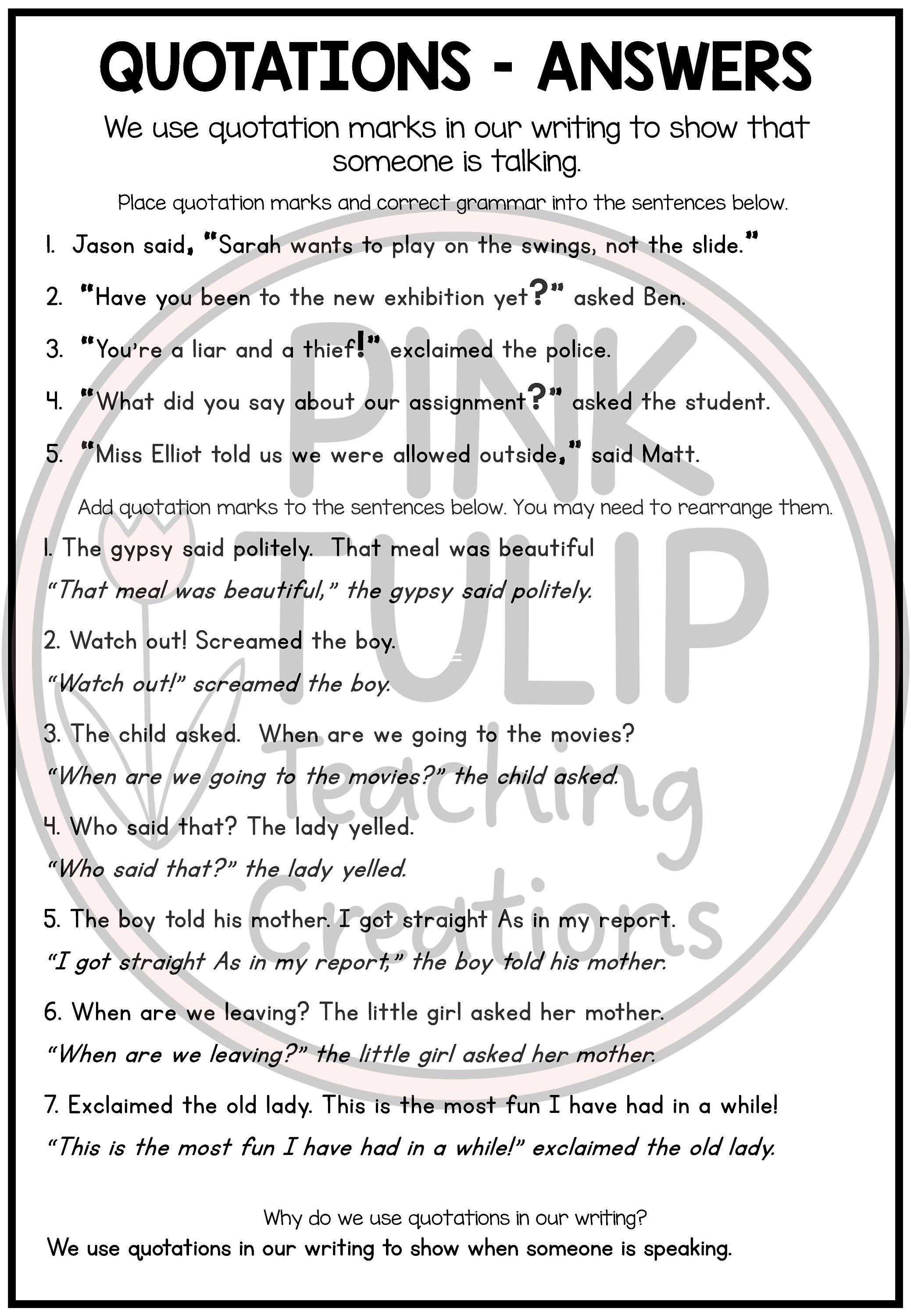 Using Quotations Worksheets - No Prep Printables - Etsy