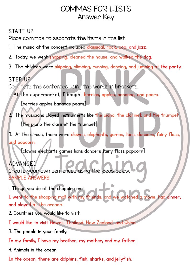 Commas for Clauses, Commas for Lists - Grammar Worksheets With Answers ...